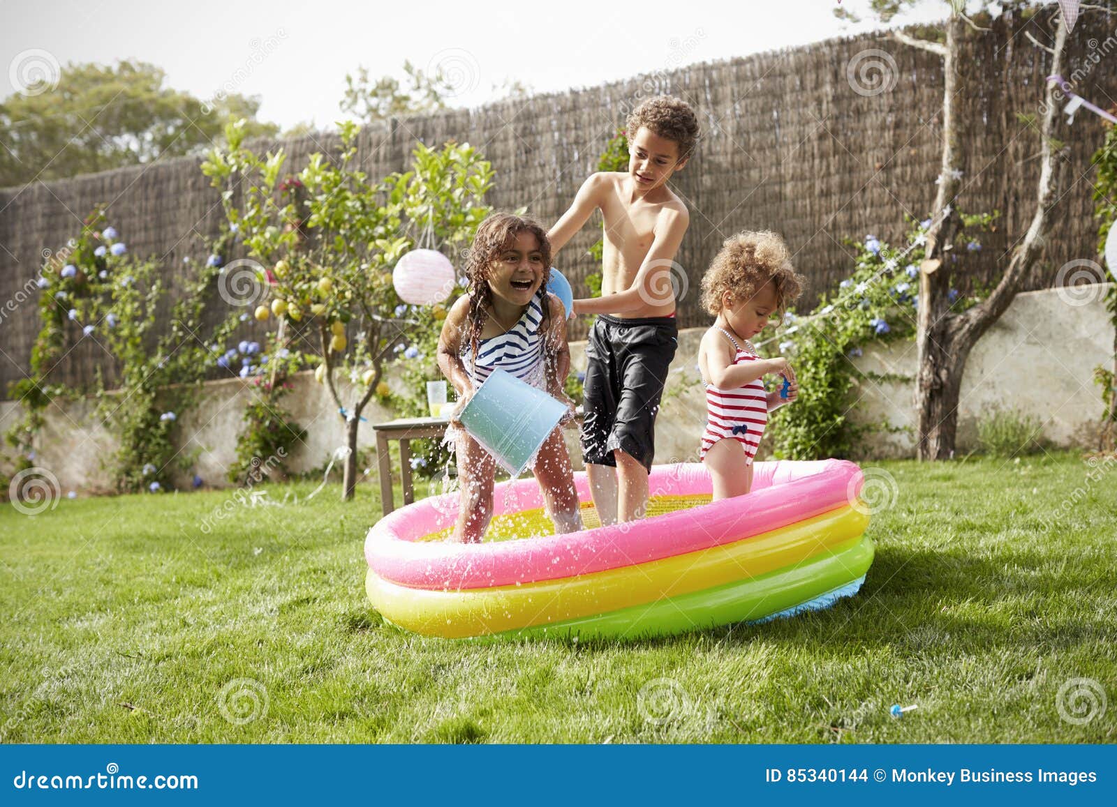 Children Having Fun in Garden Paddling Pool Stock Photo - Image of ...