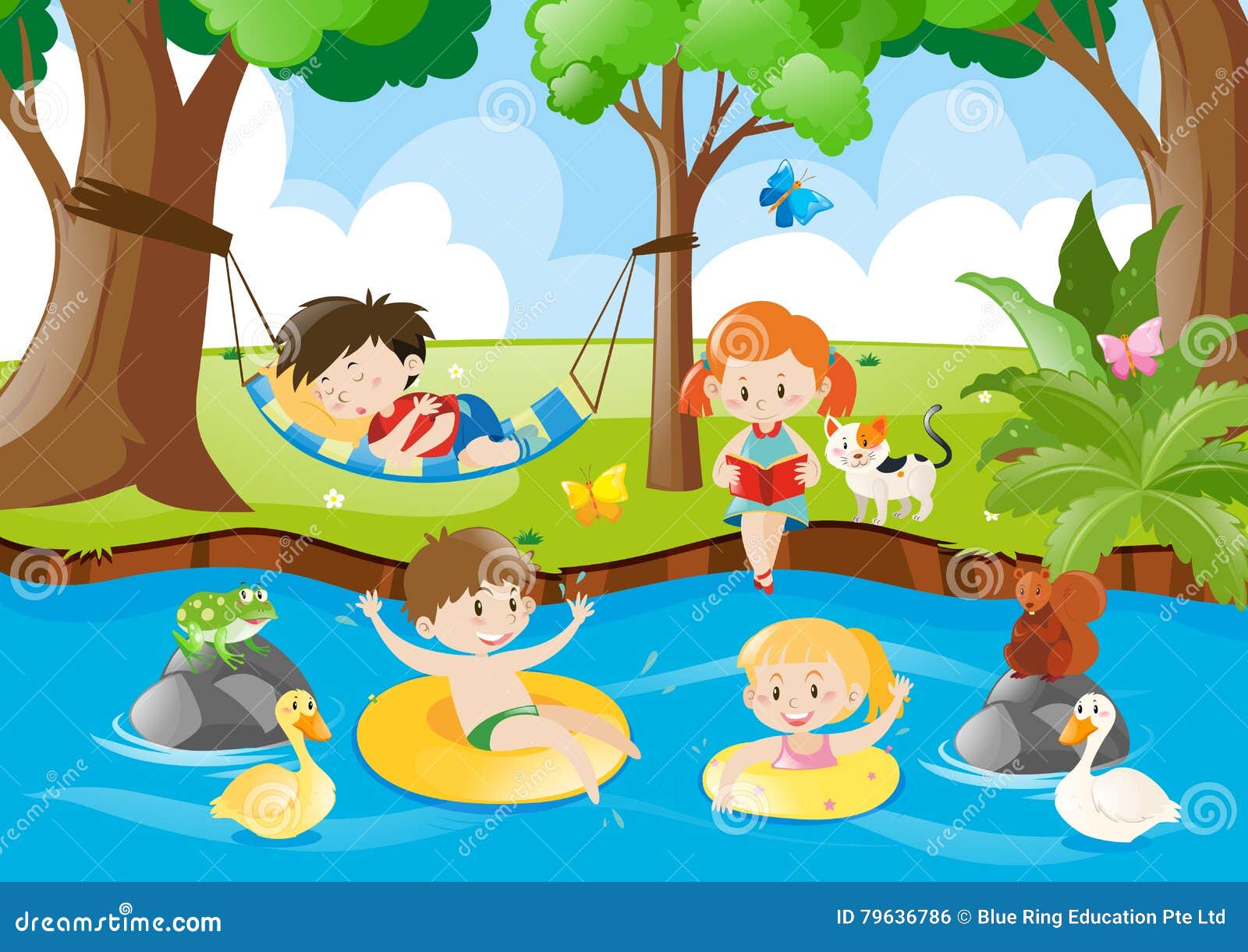 Children Having Fun by the River Stock Illustration - Illustration of ...