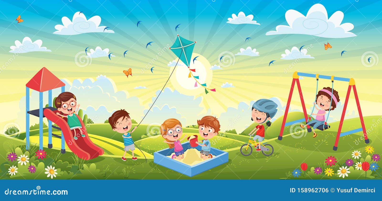 Children Having Fun at Spring Landscape Stock Vector - Illustration of ...
