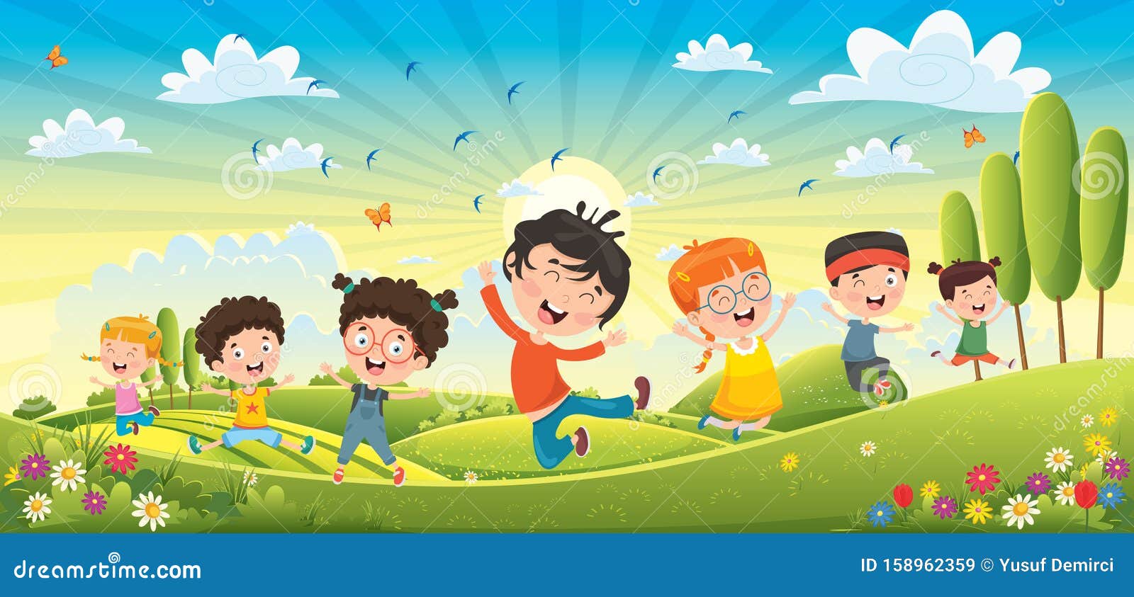 Children Having Fun at Spring Landscape Stock Vector - Illustration of ...