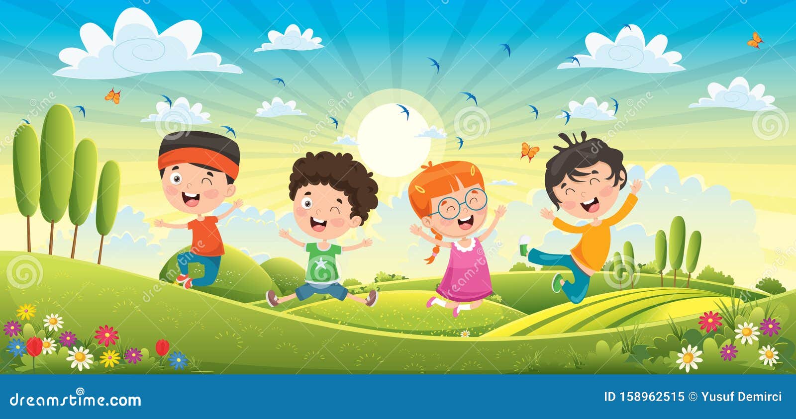 Children Having Fun at Spring Landscape Stock Vector - Illustration of ...