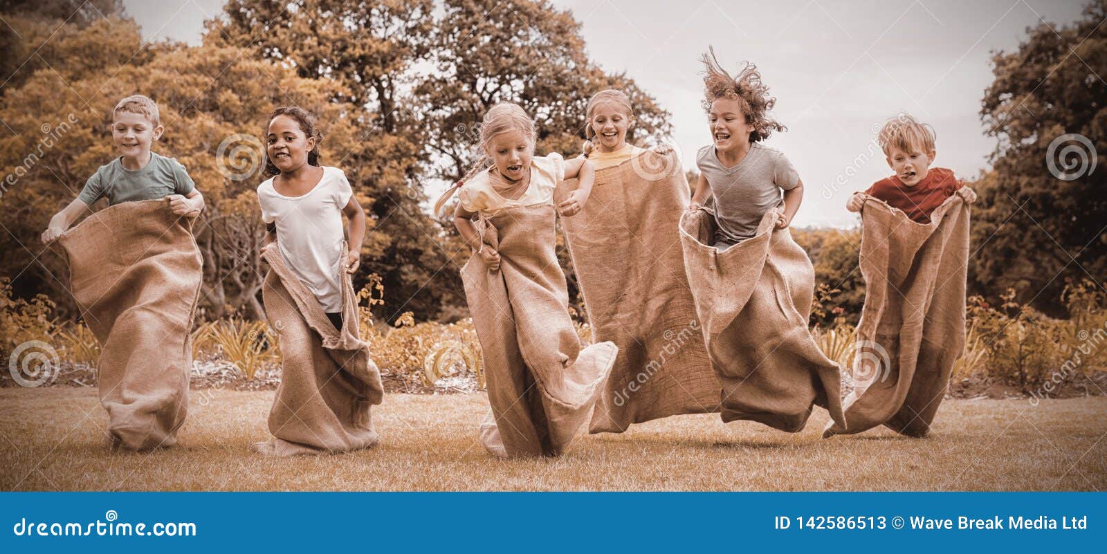 Children Having a Sack Race in Park Stock Image - Image of clothing ...