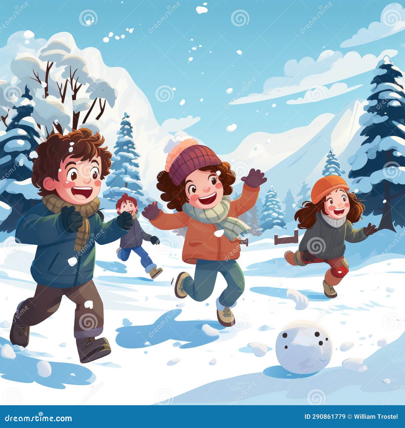 Children Having a Snowball Fight Stock Illustration - Illustration of ...