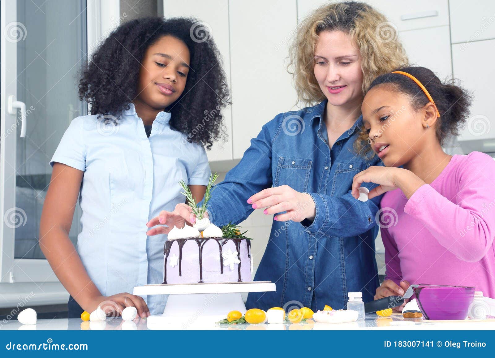 Children Help Mom Decorate the Cake Stock Image - Image of girl, people ...