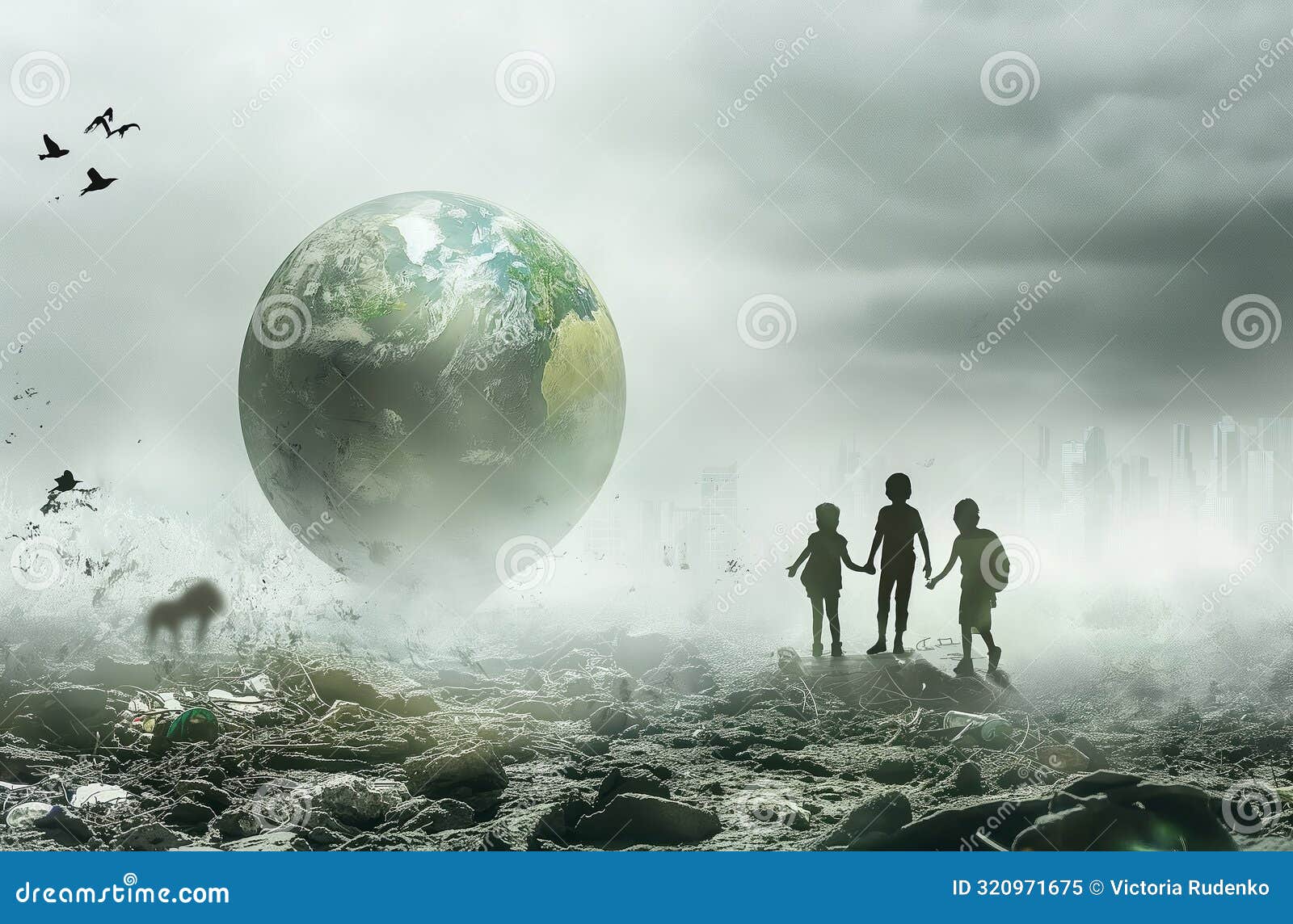 Children Holding Hands in Post-apocalyptic Landscape Stock Image ...