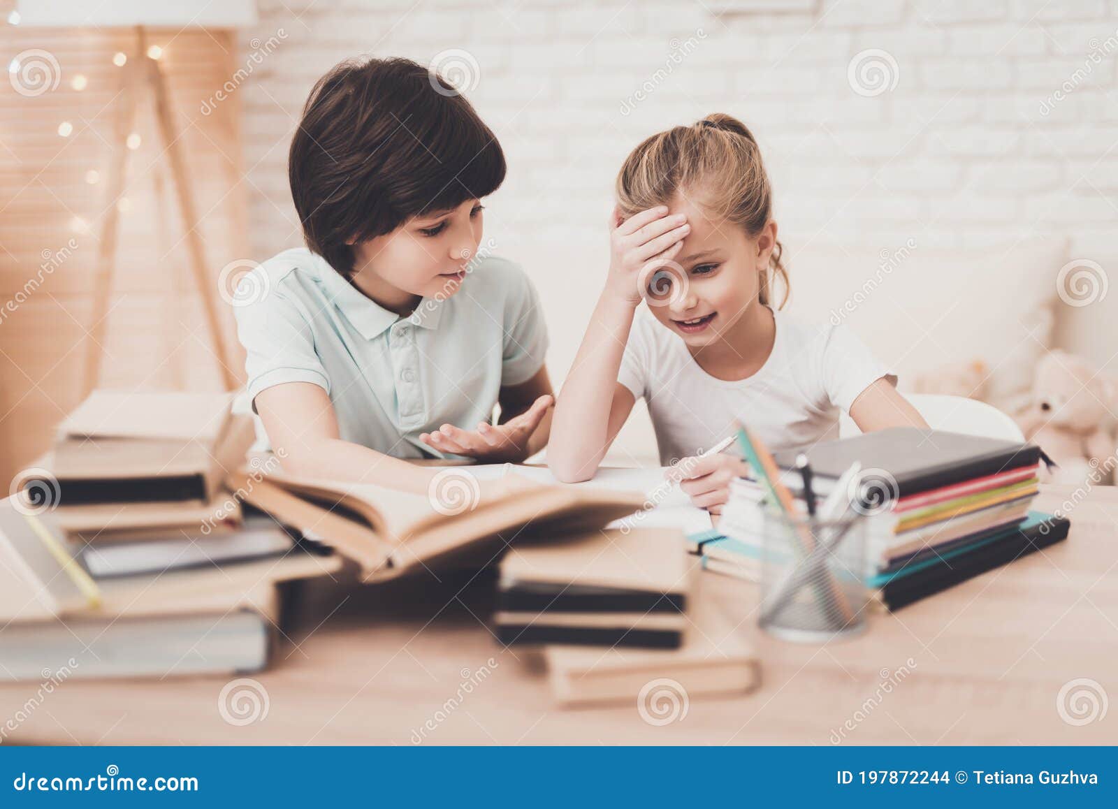 Brother Helps Little Sister Learn at Home. Stock Photo - Image of ...