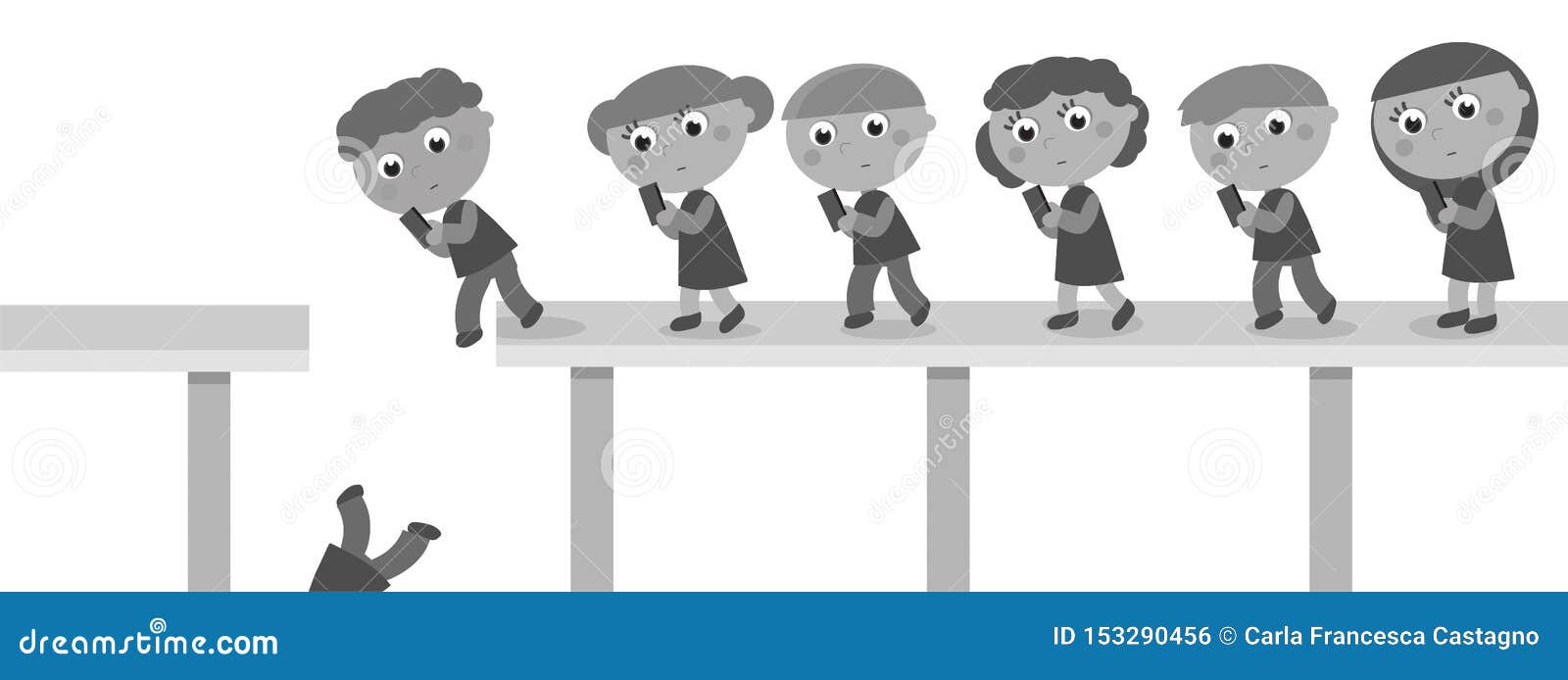 Children Hypnotized by a Cell Phone Fall from a Bridge Stock Vector ...