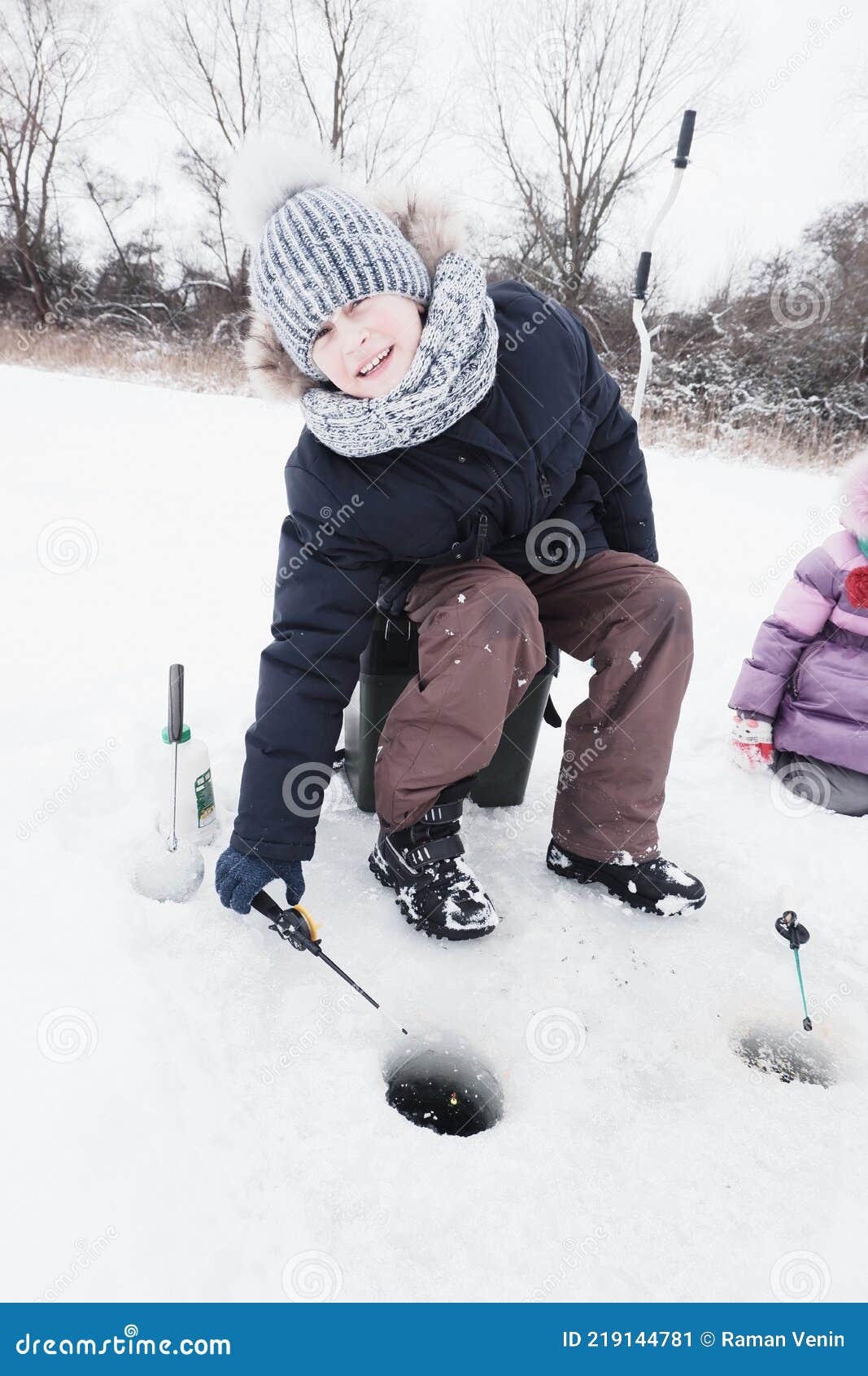 Children on Ice Fishing Pose for the Camera. Stock Image - Image of ...