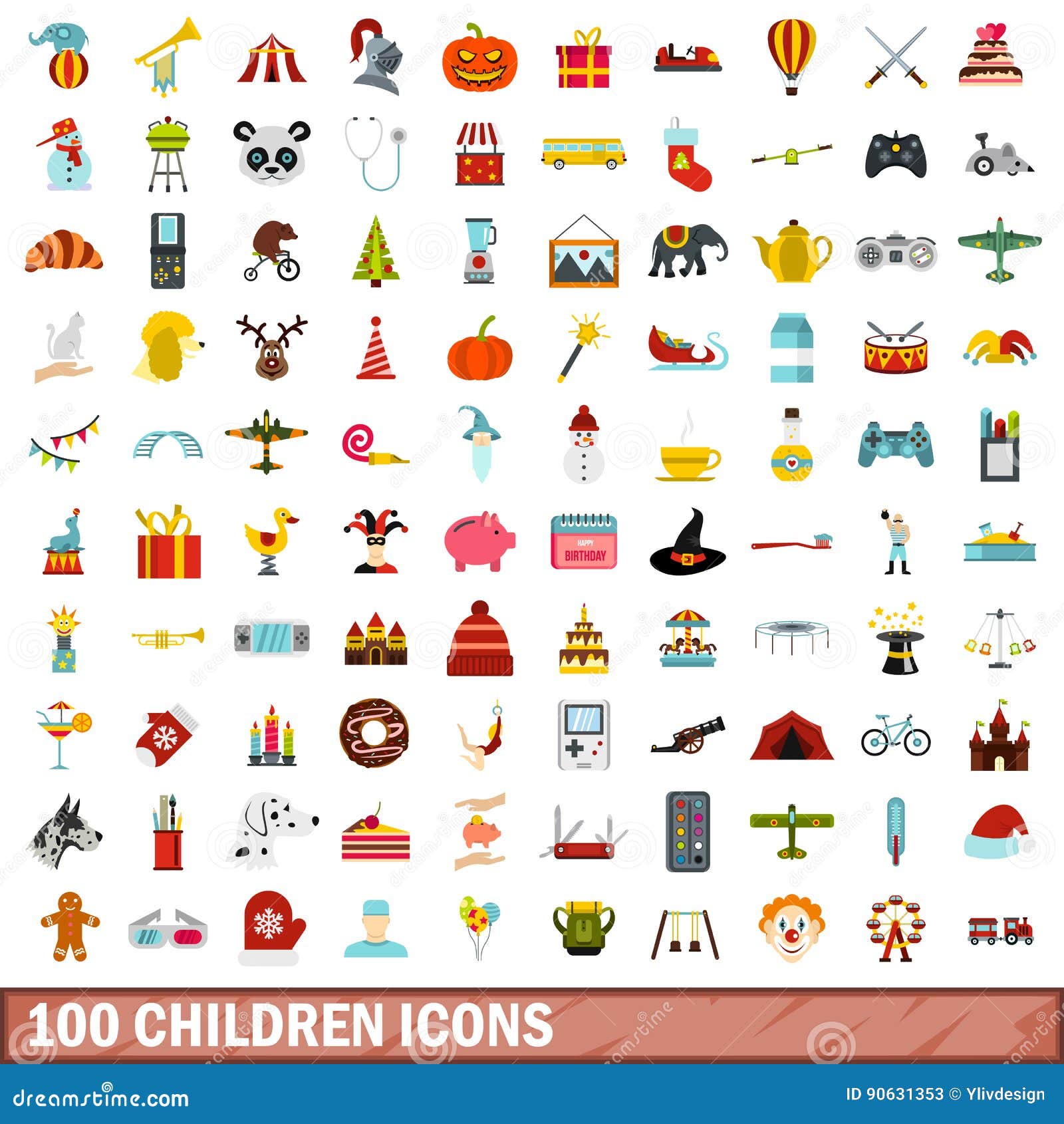 100 Children Icons Set, Flat Style Stock Vector - Illustration of ...