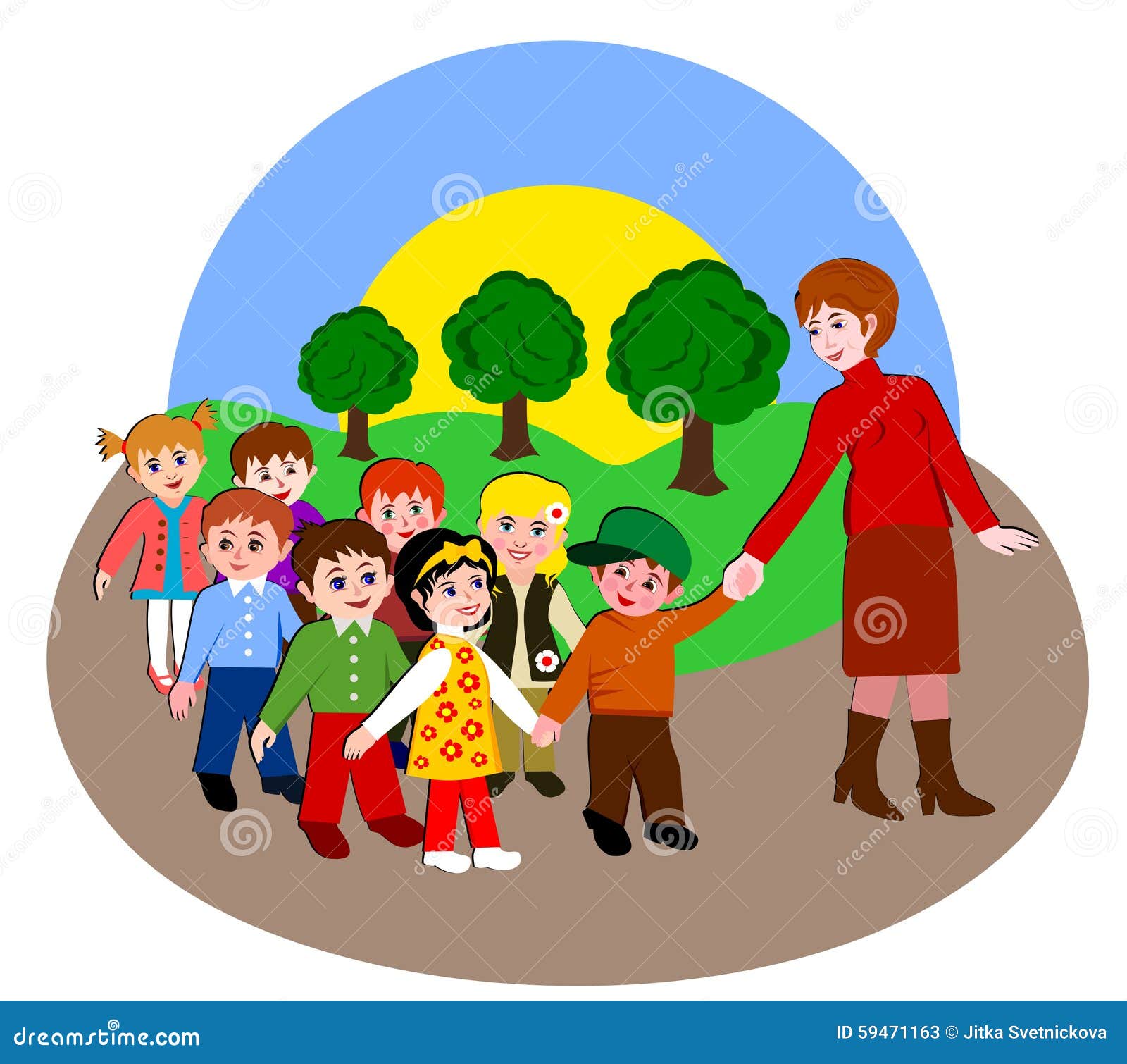 Children From Kindergarten To Walk Stock Illustration - Image: 59471163