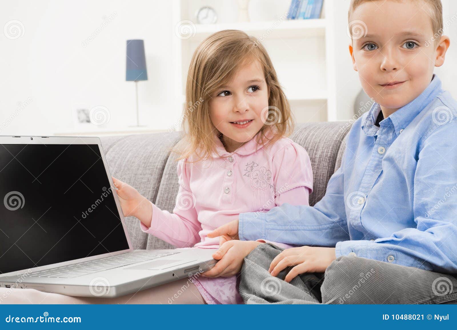 Children with Laptop Computer Stock Image - Image of house ...