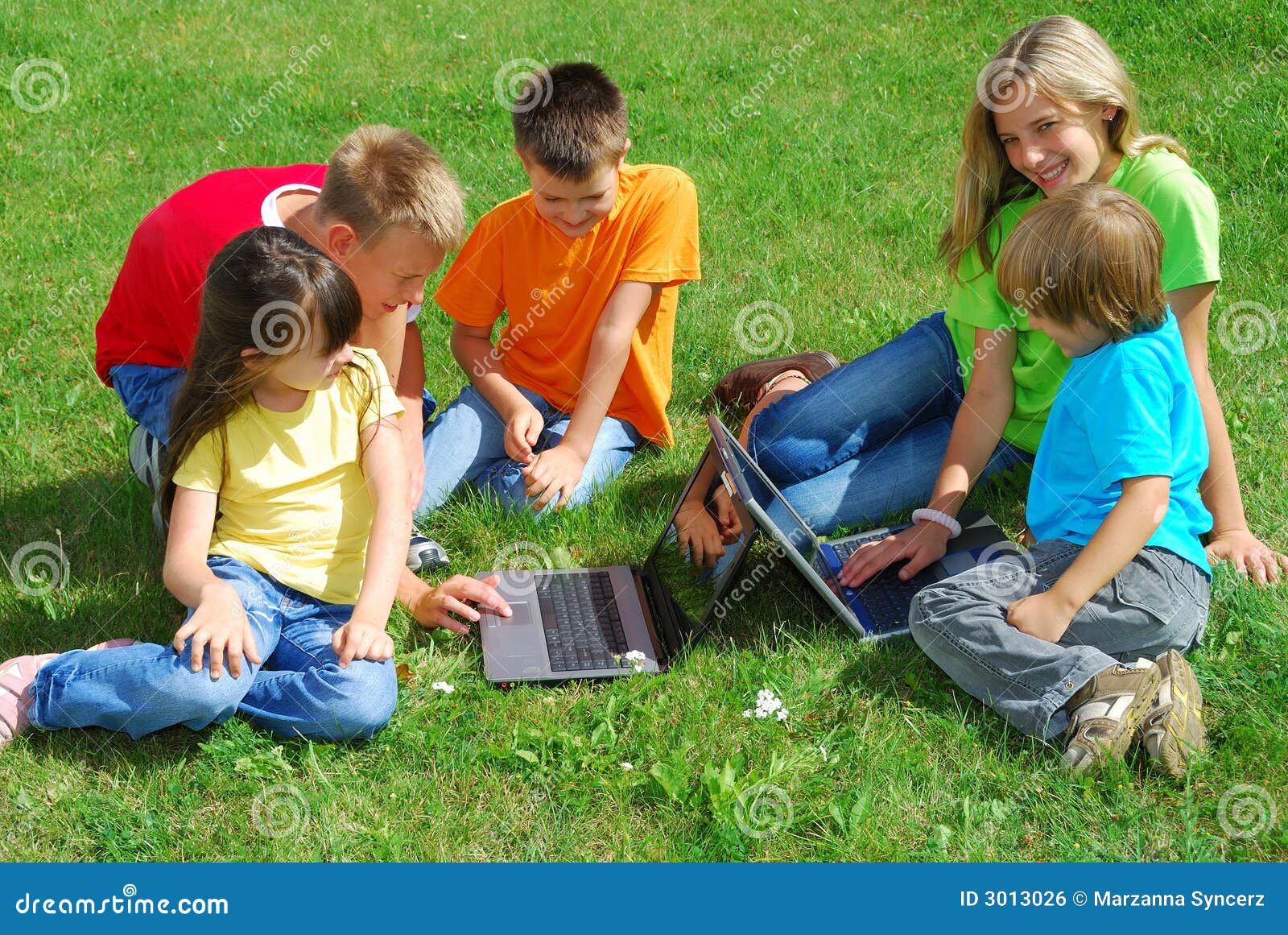 Children with Laptop Computers Stock Photo - Image of relaxation, lawn ...