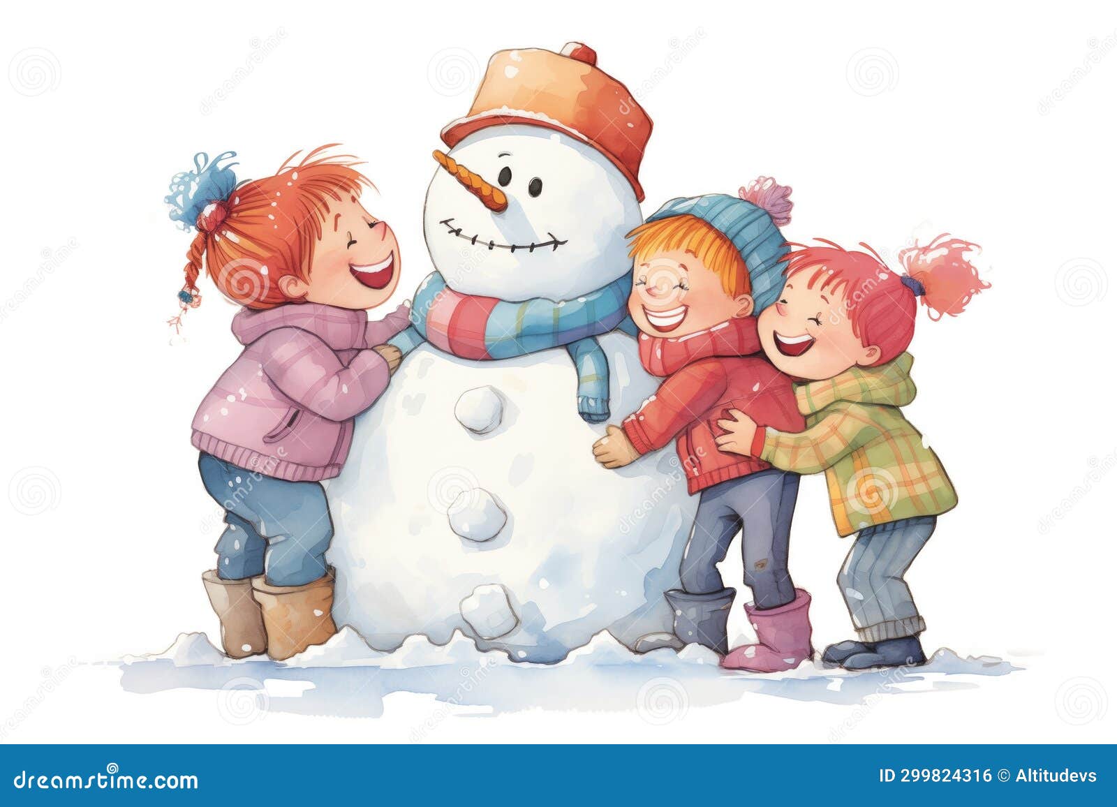 Children Laughing Around a Half-built Snowman Stock Photo - Image of ...