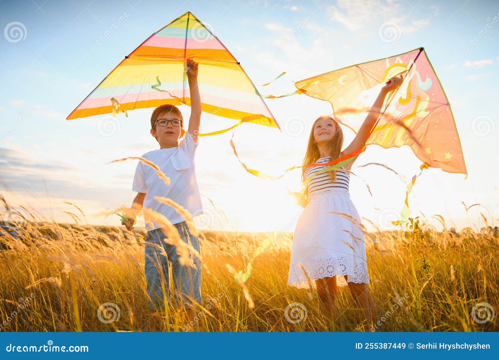 Children Launch a Kite in the Field at Sunset Stock Image - Image of ...