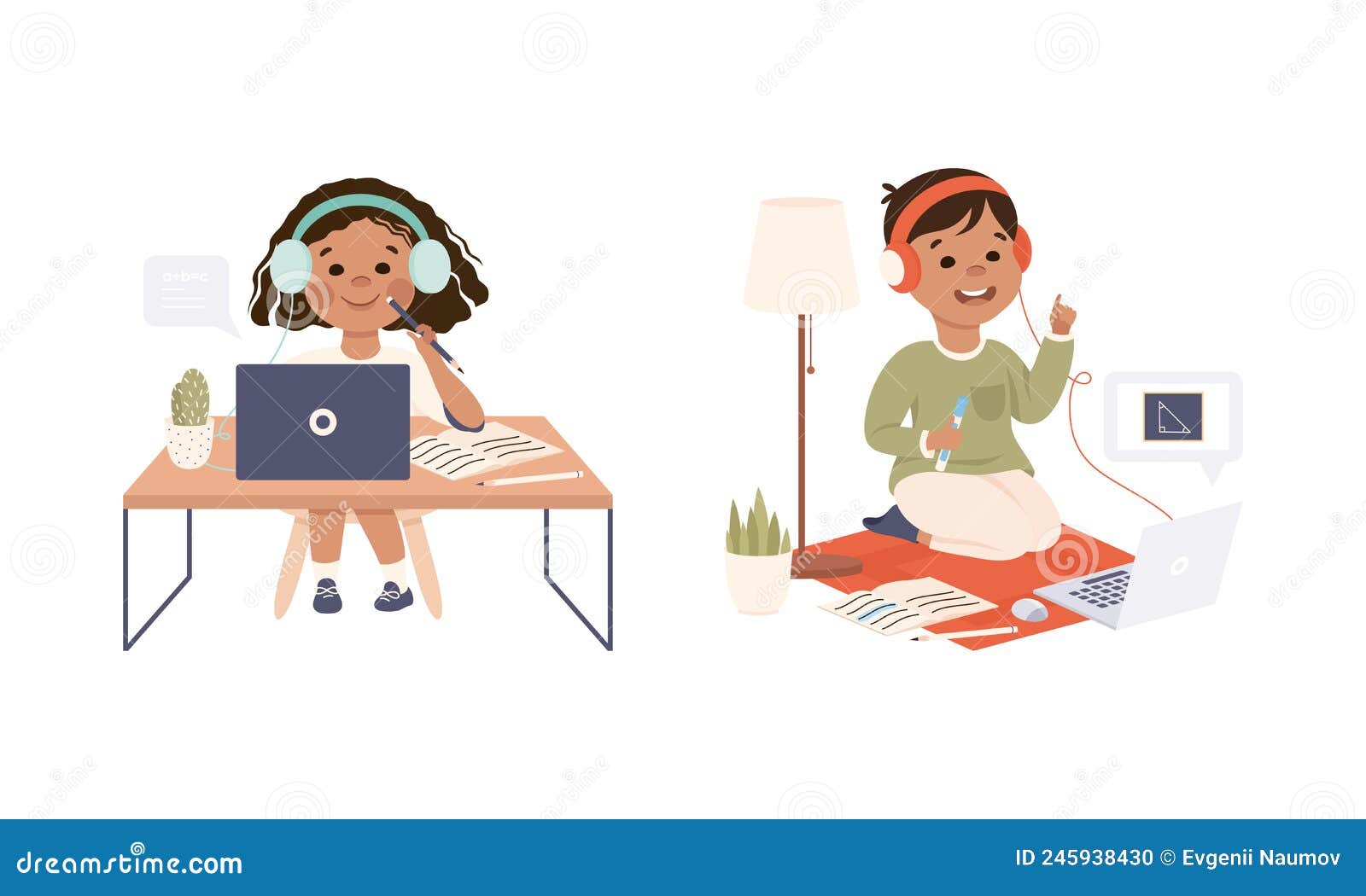 Children Learning Online Using Laptop Computers. Schoolkids at Distance ...