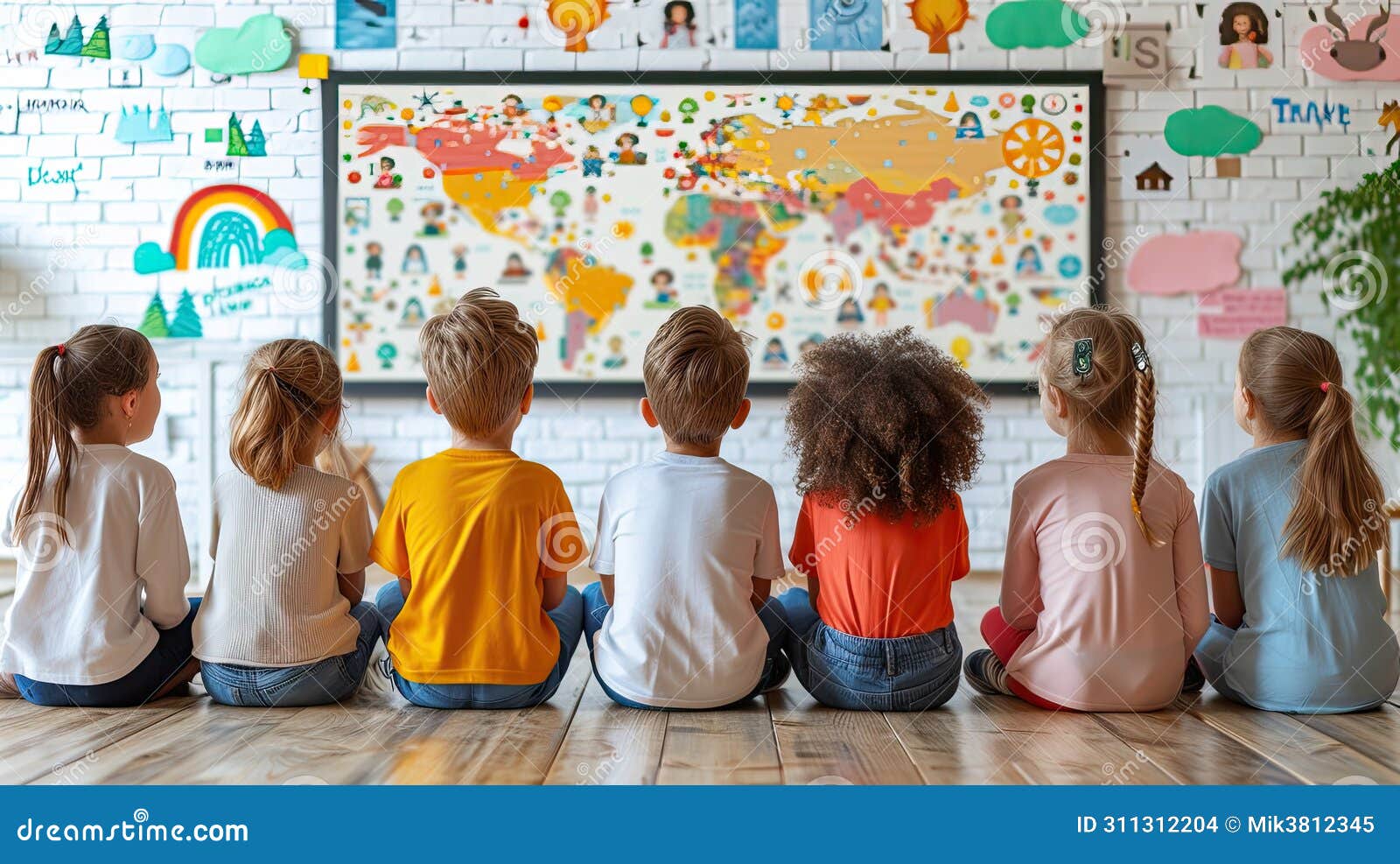 Children Learning Together in a Colorful Classroom. Stock Illustration ...