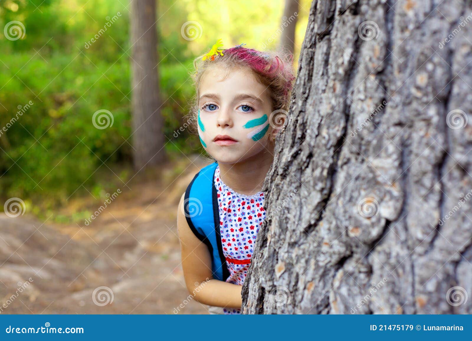 Children Little Girl Playing in Forest Tree Makeup Stock Image - Image ...
