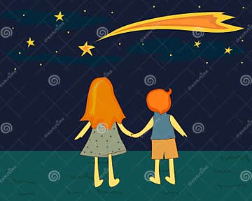 Children Looking at the Falling Star. Stock Vector - Illustration of ...