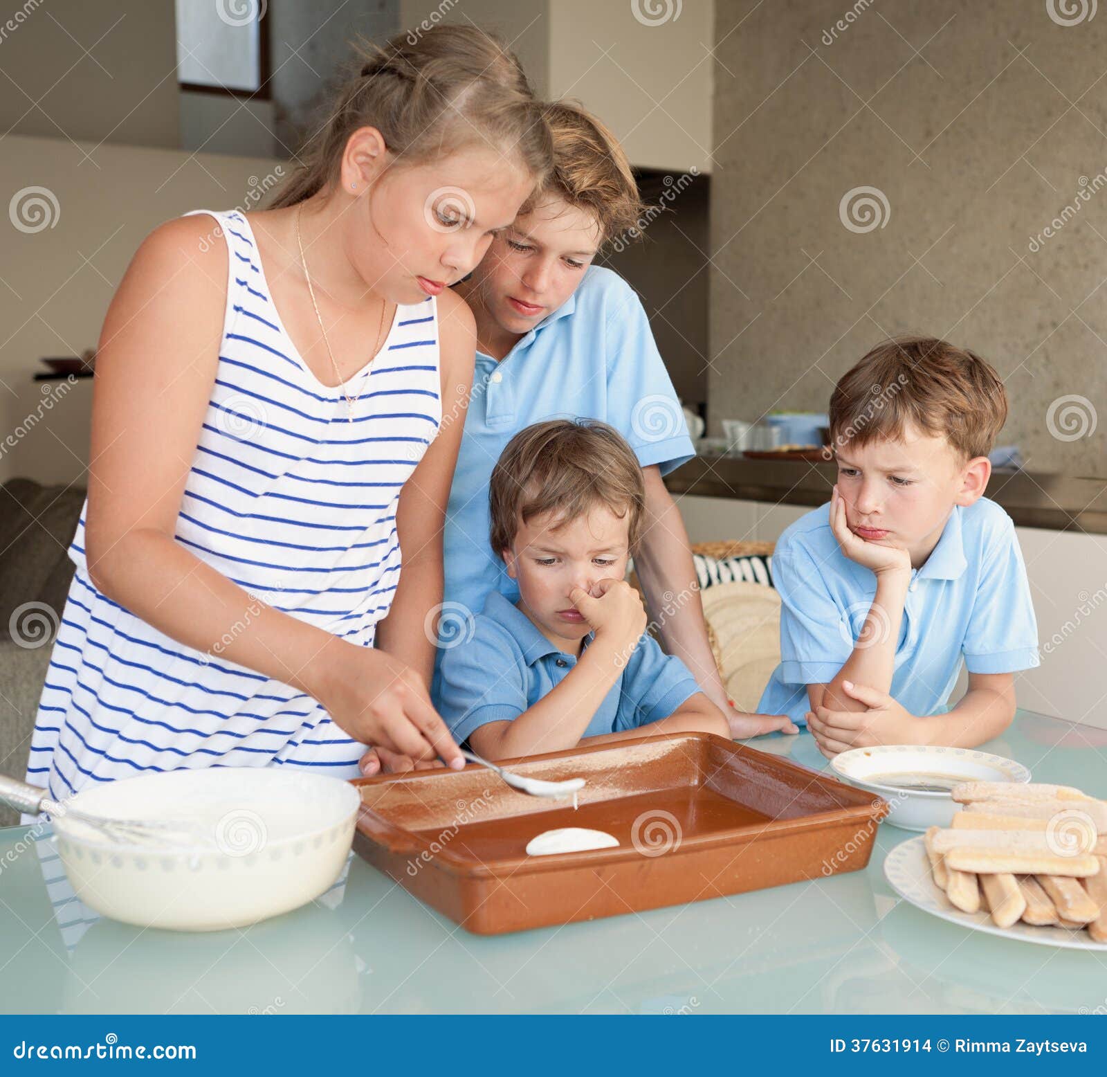 Children Make Cake in Kitchen Stock Photo - Image of cute, look: 37631914