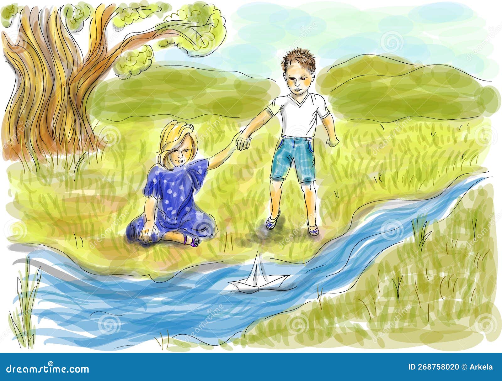 Children near the stream stock vector. Illustration of beautiful ...