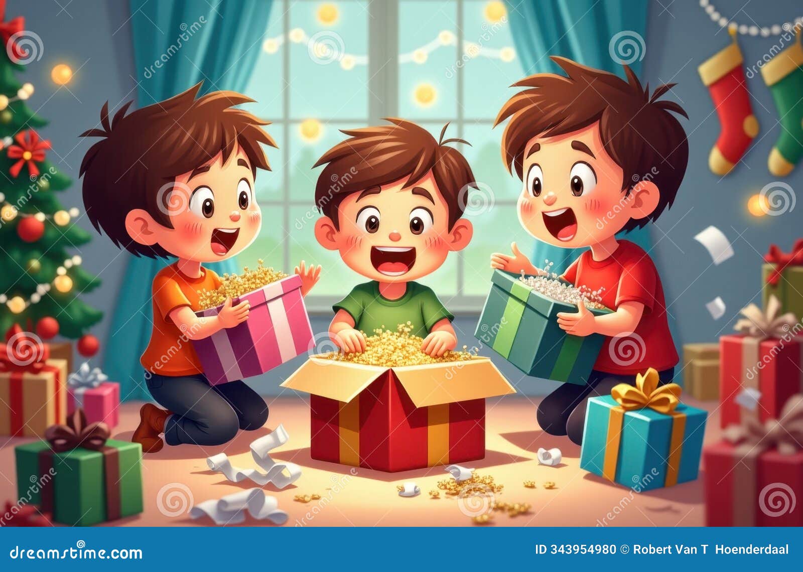 Children Open Presents on Christmas Day at 27-10-2024 Stock ...