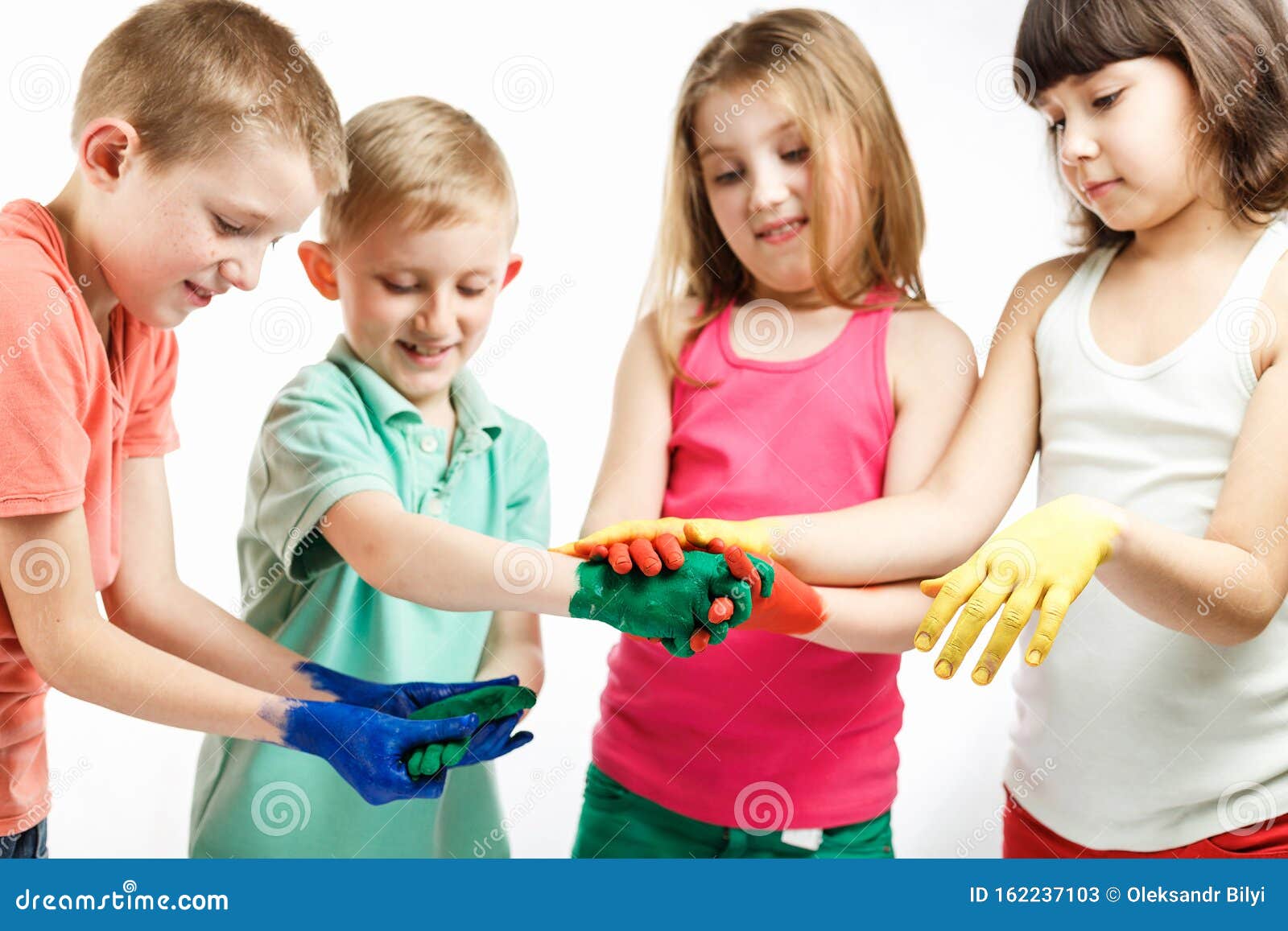 Children Paint with Hands on the Table Stock Image - Image of artist ...