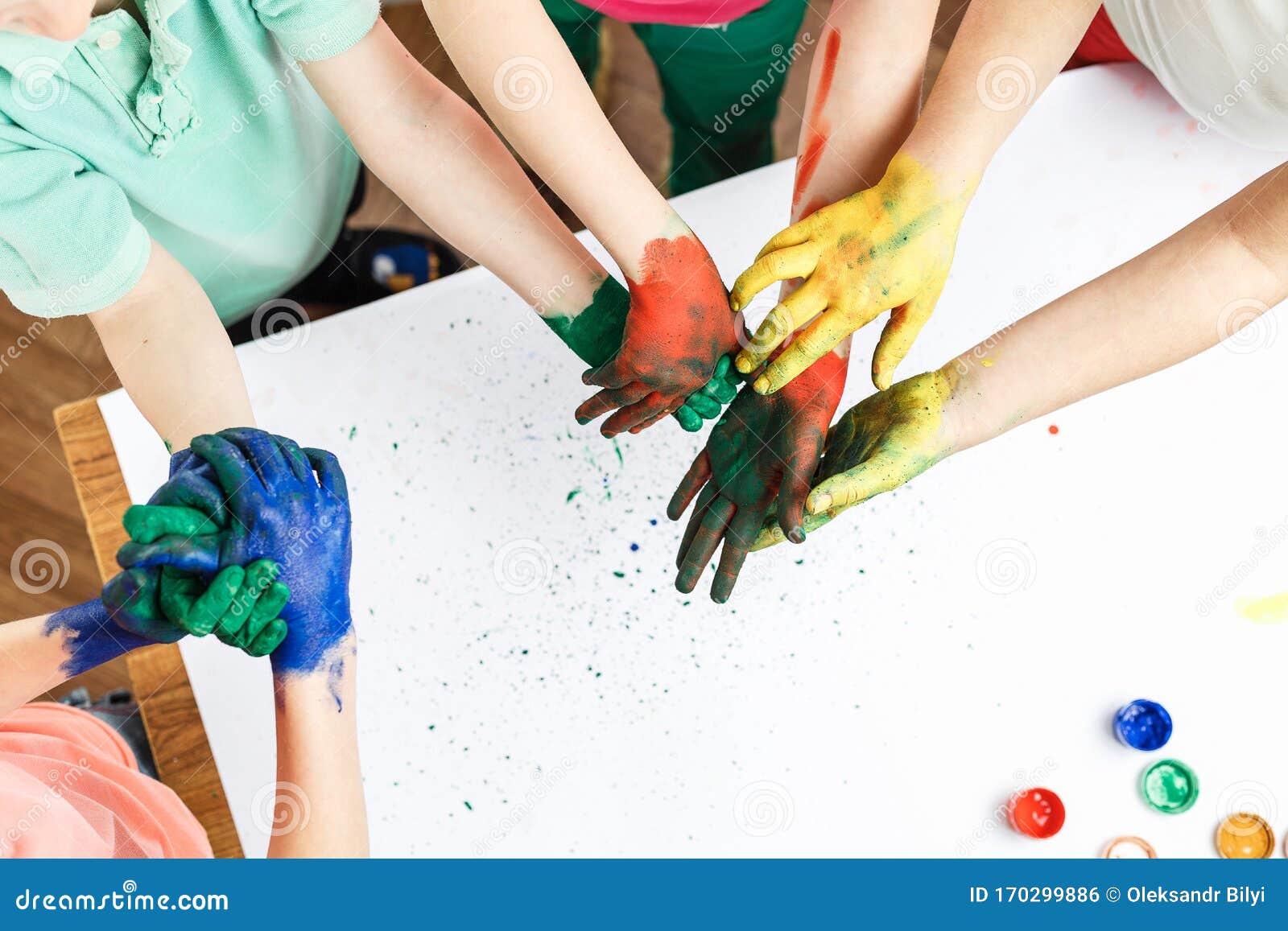 Children Paint with Hands on the Table Stock Photo - Image of ...