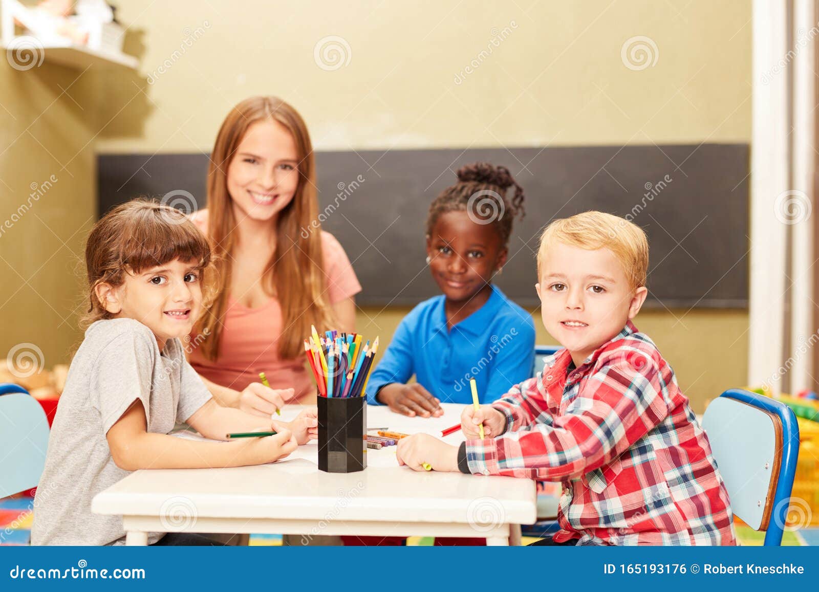 Children Paint in Multicultural Kindergarten Stock Photo - Image of ...