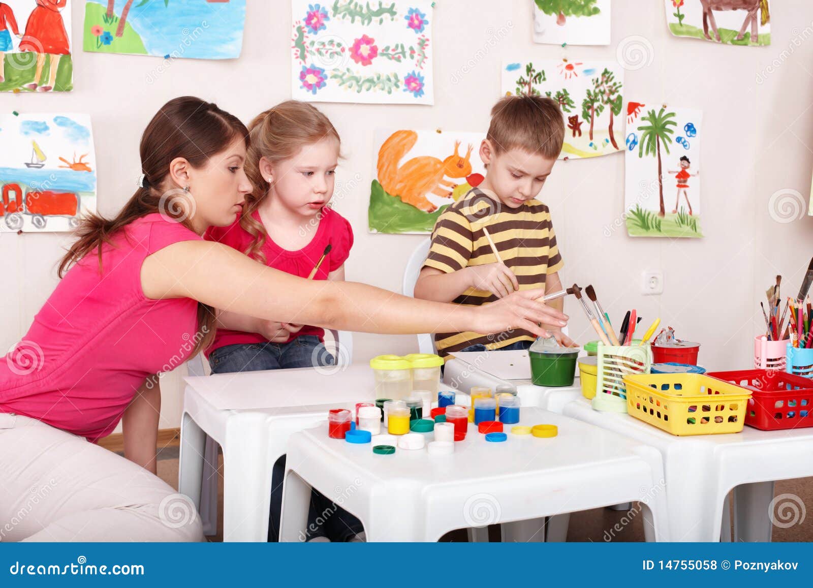Children Painting with Teacher in Art Class. Stock Photo - Image of ...