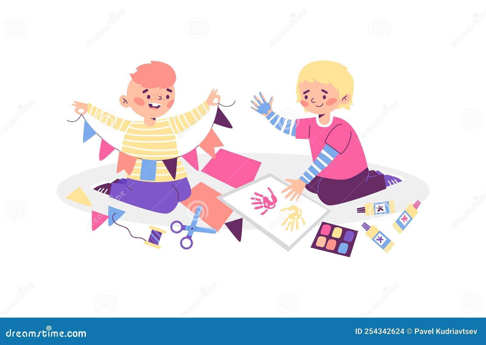 Children Perform Creative Work, Flat Vector Illustration Isolated on ...