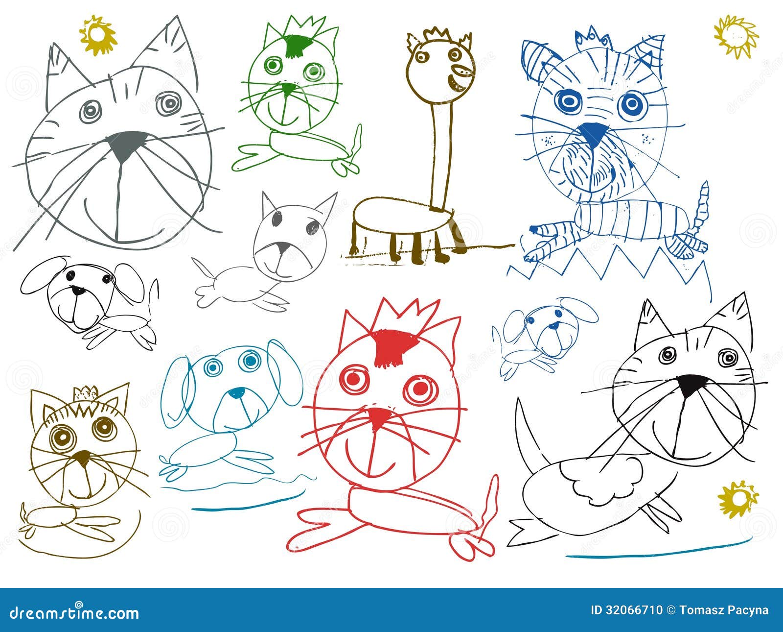 Children Pets Drawings Isolated on White Stock Illustration ...