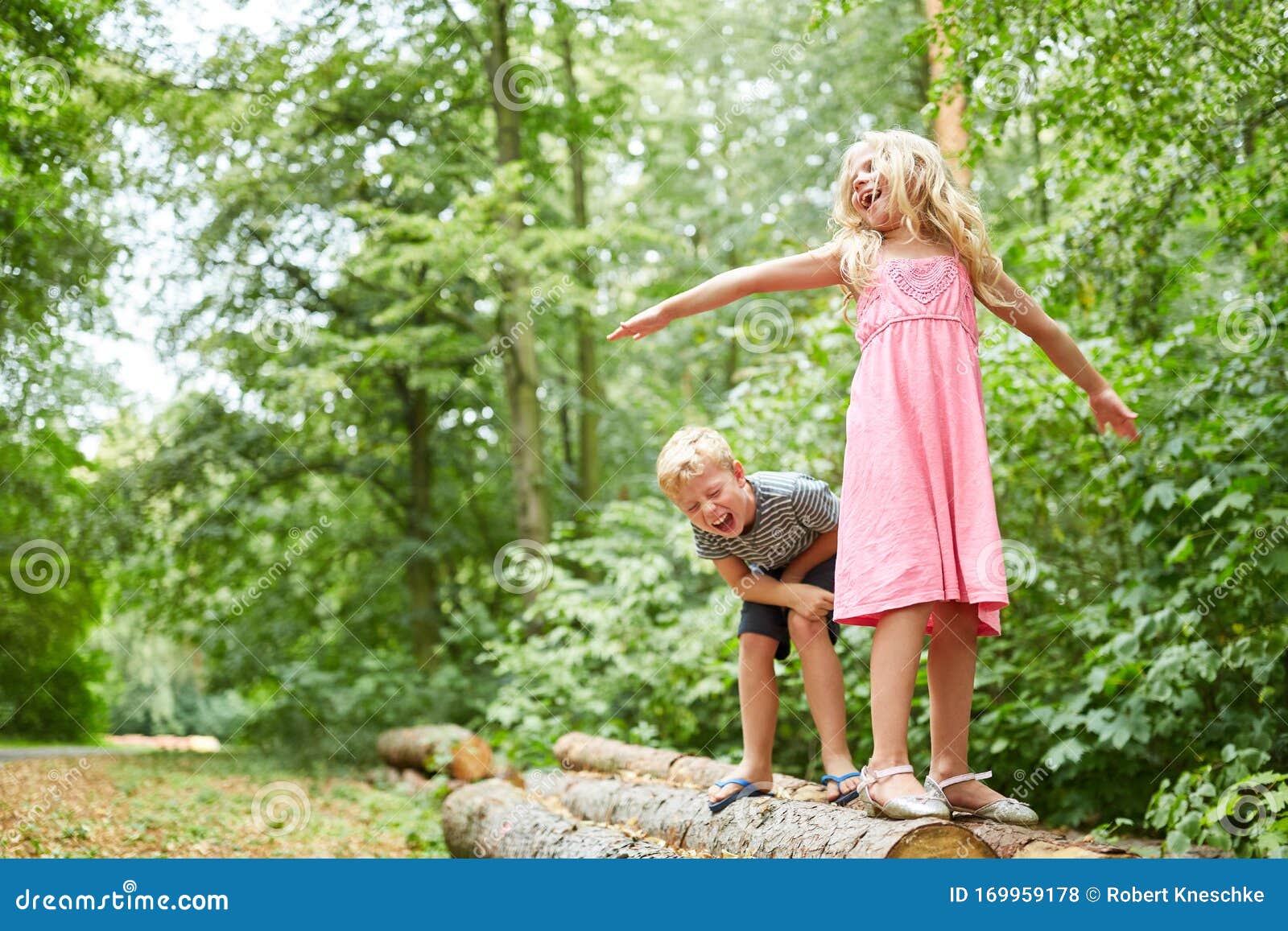 Children are Playing on Tree Trunks in the Forest Stock Photo - Image ...