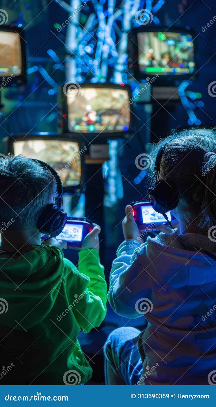 Children Play Computer Games on TV Using a Game Console, a Child with a ...
