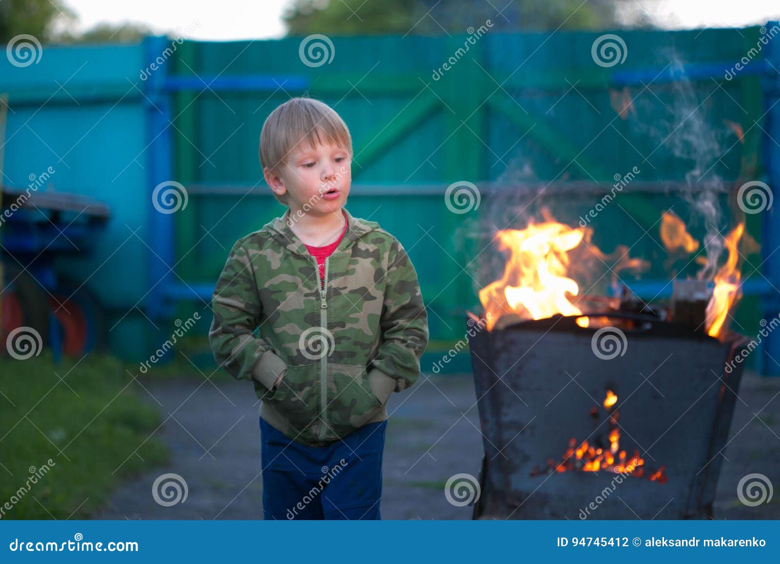 Children Play with Fire in the Grill Stock Photo - Image of meal, meat ...