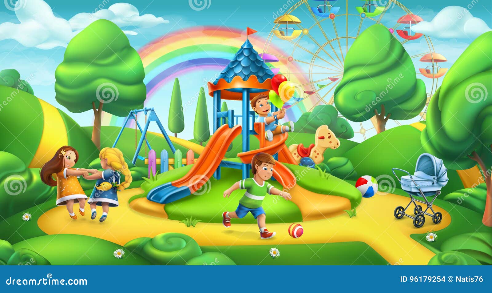 Children Playground In The Park With People And Attractions For Kids ...