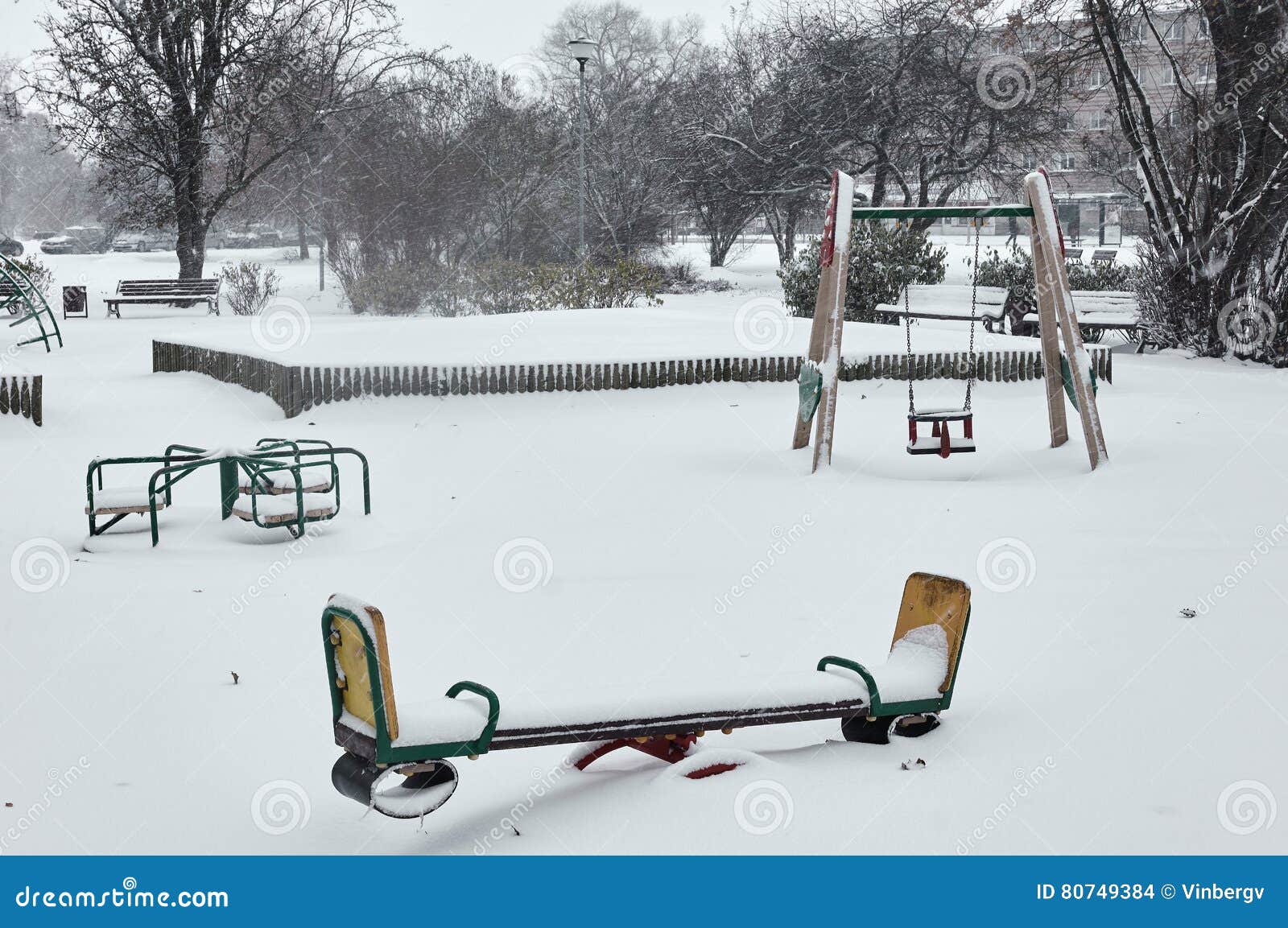 Children Playground in Winter Snow Covered Snowfall Stock Photo - Image ...