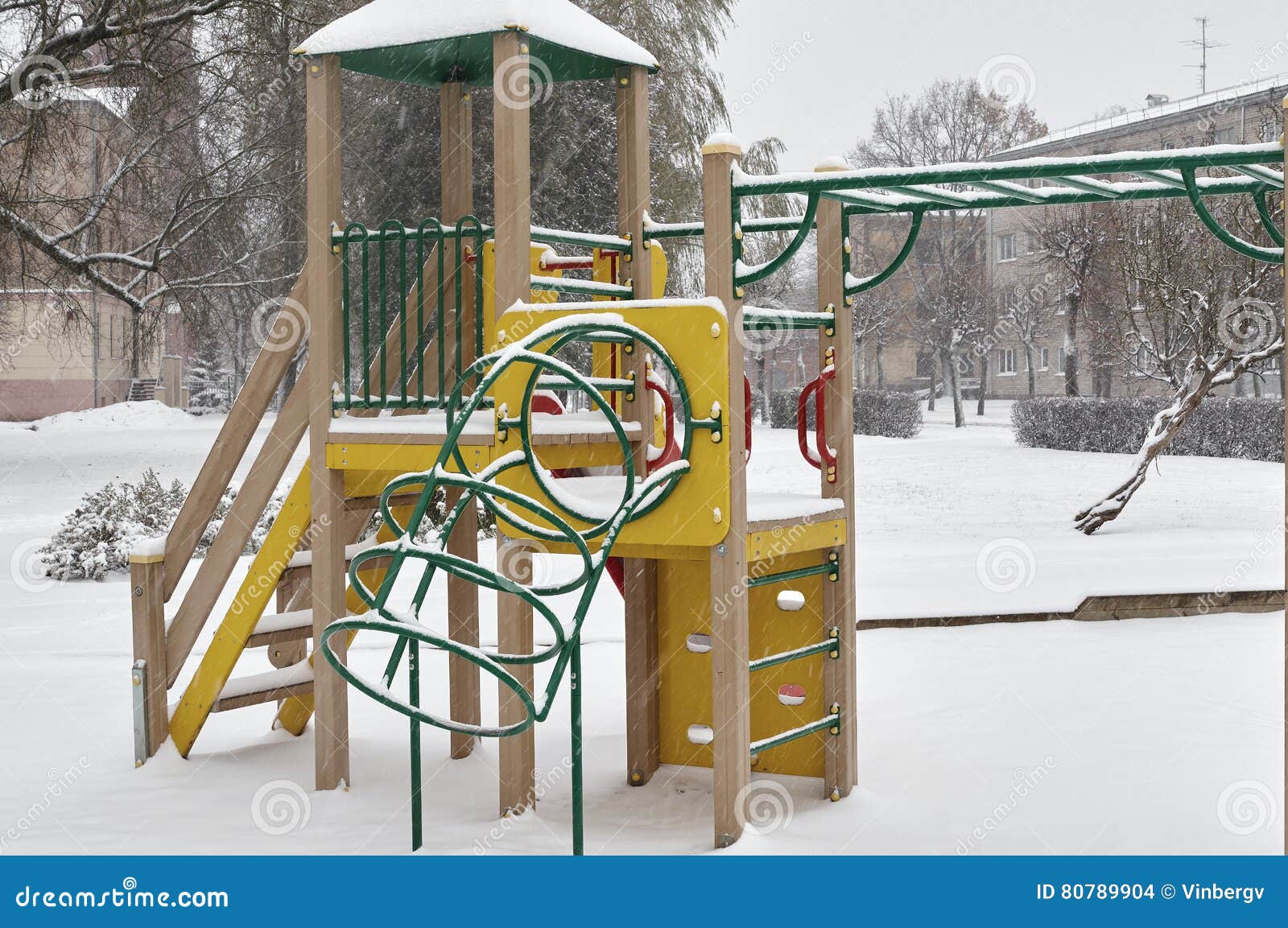 Children Playground in Winter Snow Covered Snowfall. Stock Photo ...