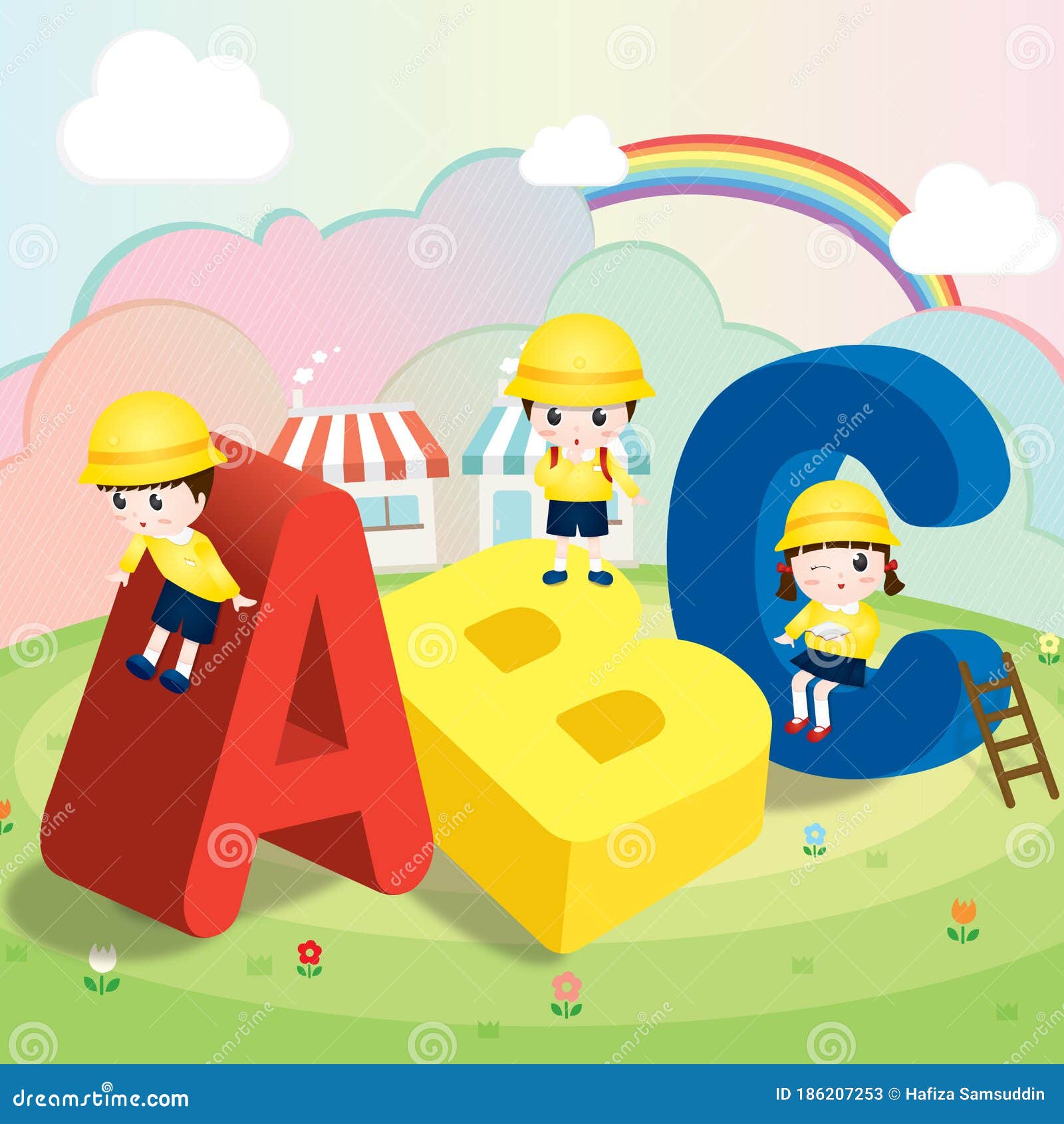 Children Playing with Abc Alphabets. Vector Illustration Decorative ...
