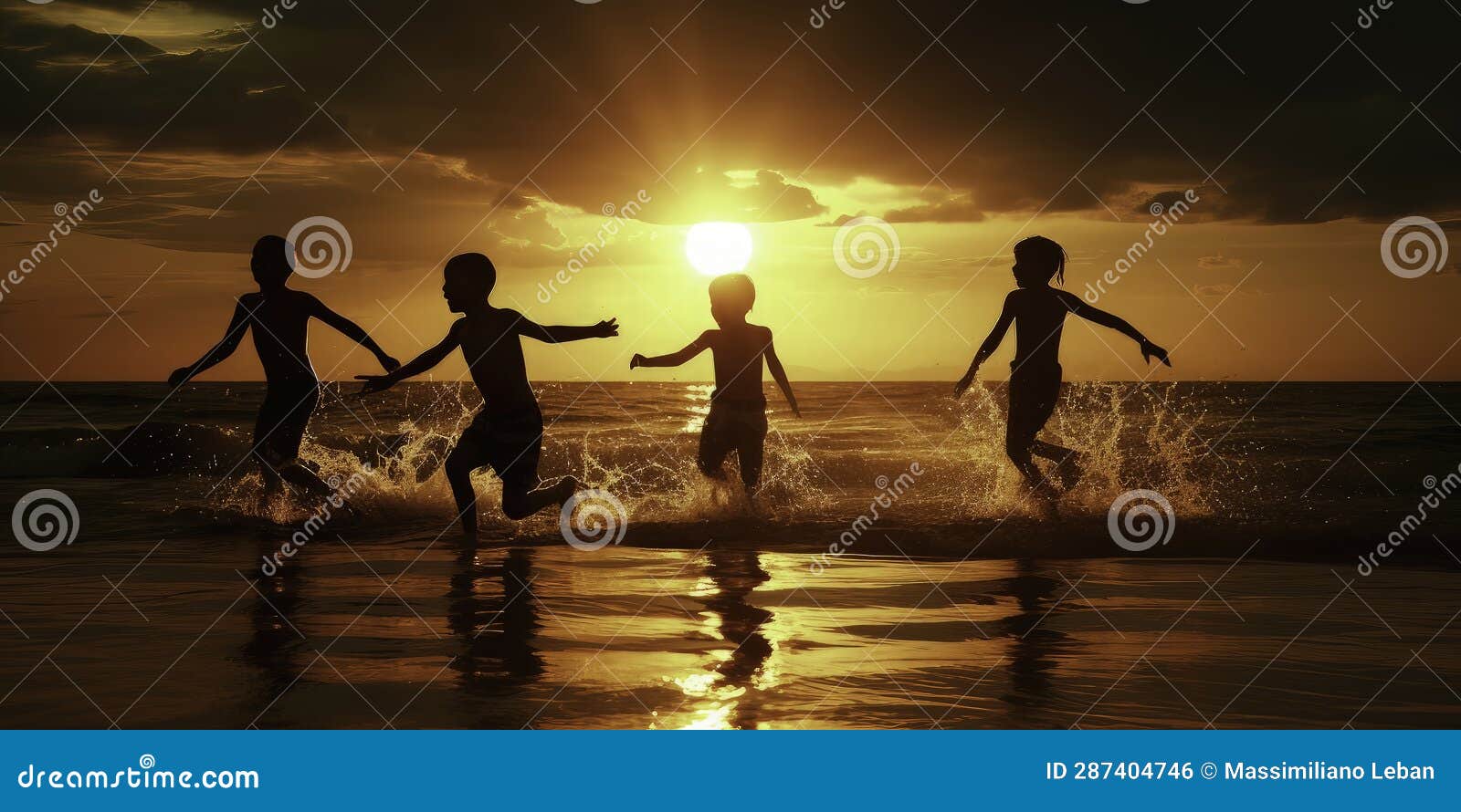 Children Playing on the Beach at Sunset Stock Illustration ...