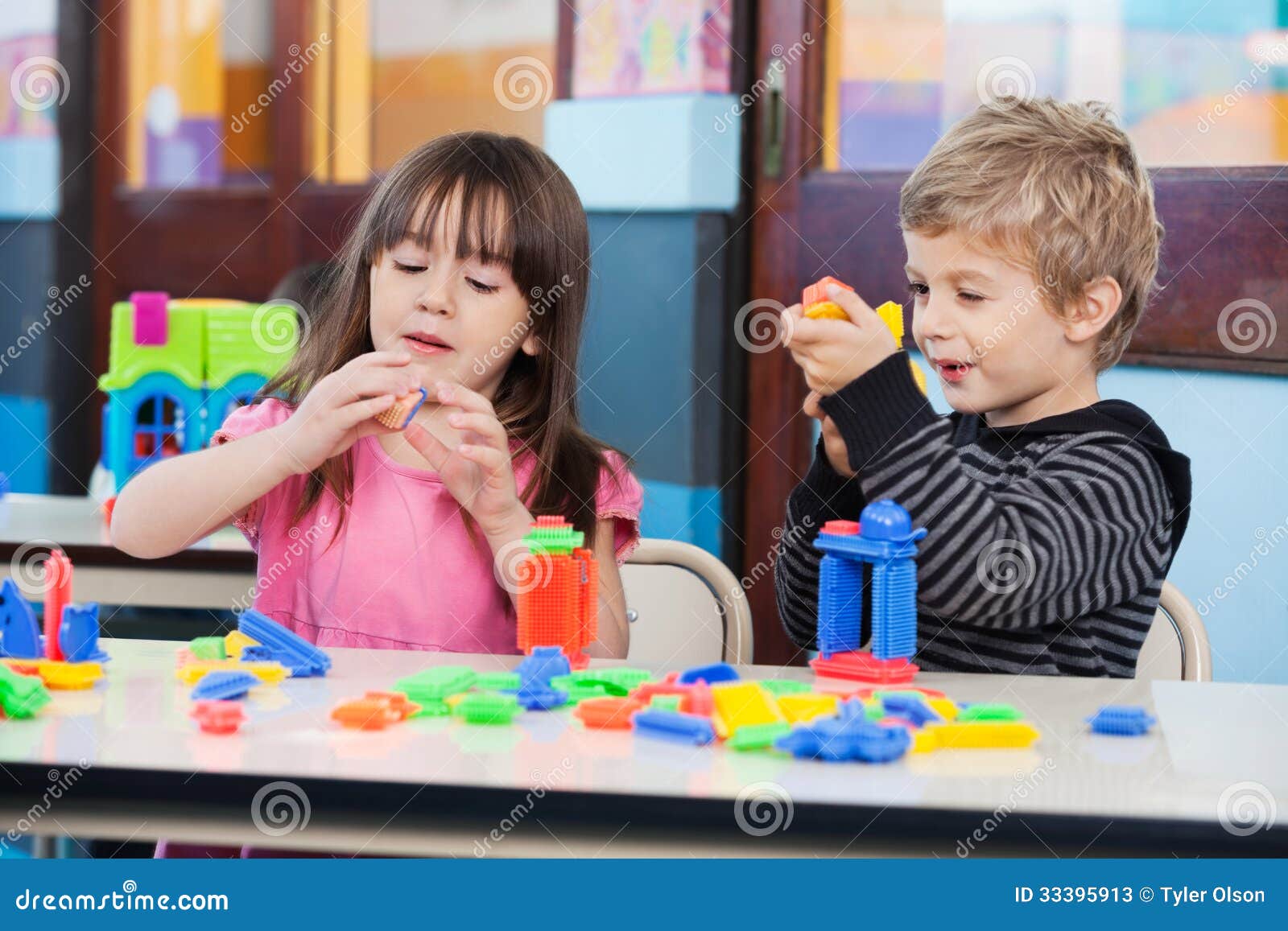 Children Playing with Blocks in Classroom Stock Image - Image of face ...