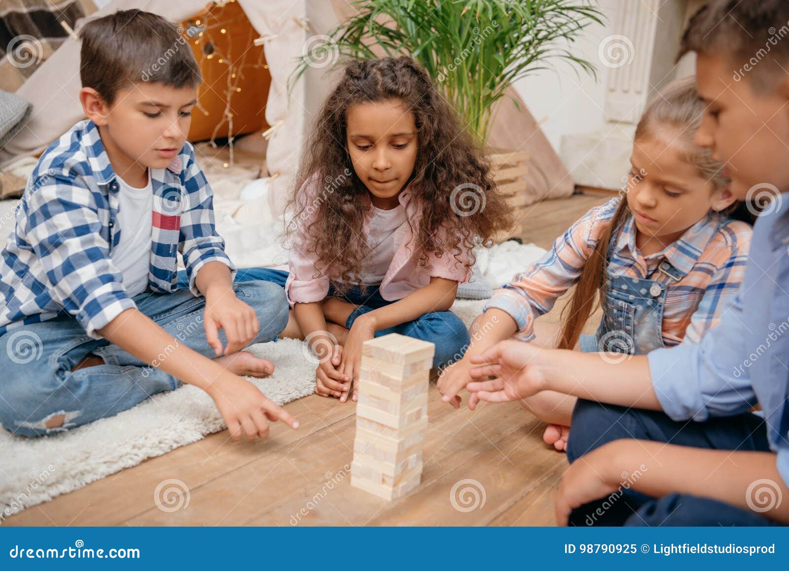 Children Playing Blocks Wood Game Together at Home Stock Image - Image ...