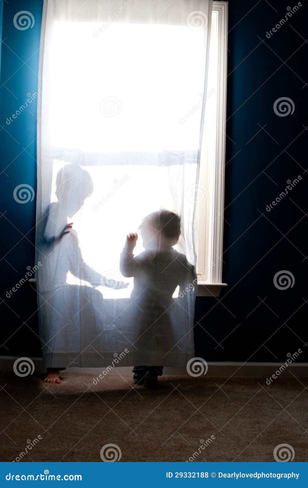 Children Playing in Curtain in Window Stock Photo - Image of toes, kids ...