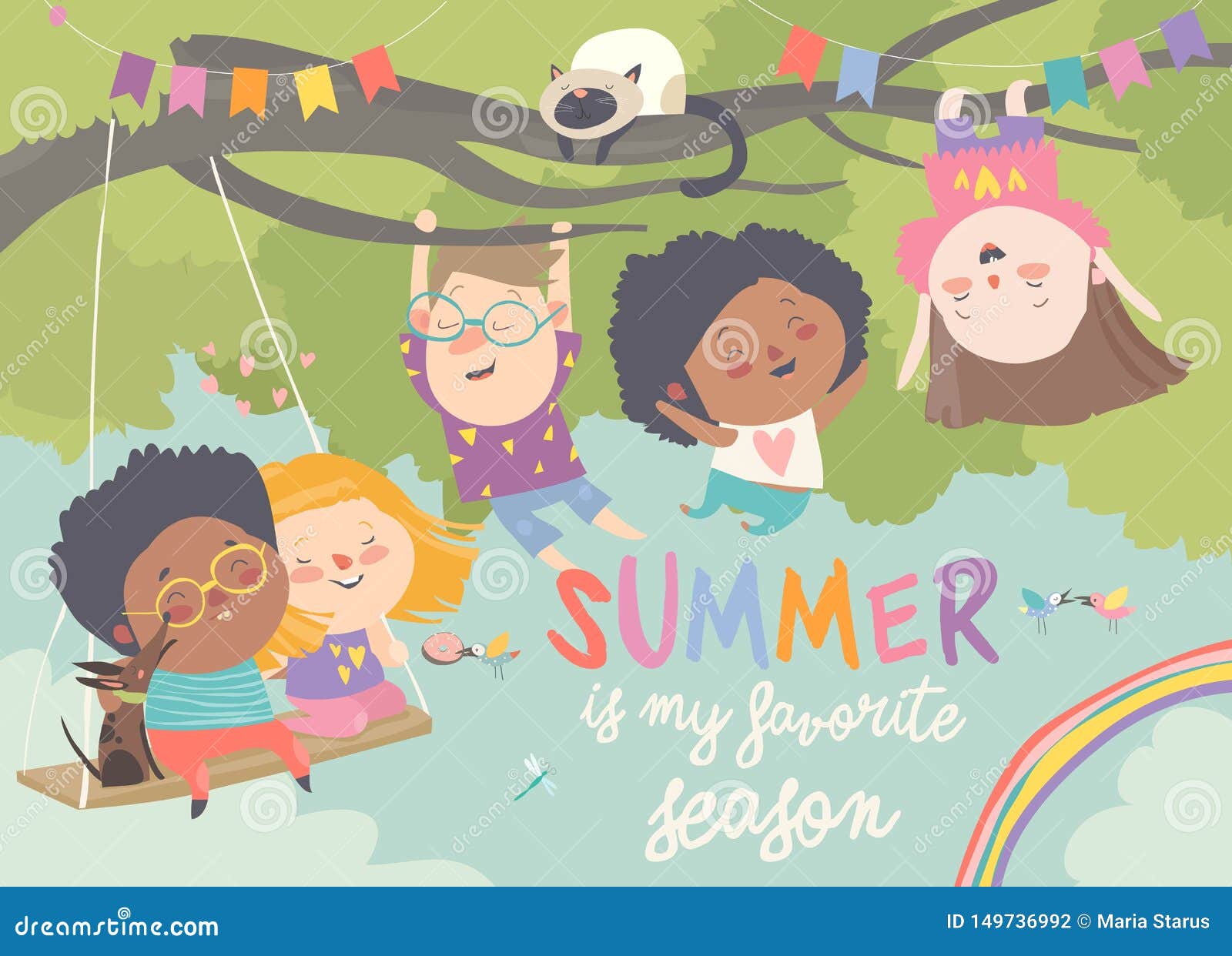 Children Playing and Having Fun in the Tree Stock Vector - Illustration ...