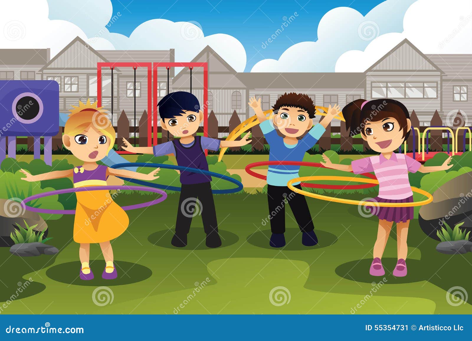 Children Playing Hula Hoop in the Park Stock Vector - Illustration of ...