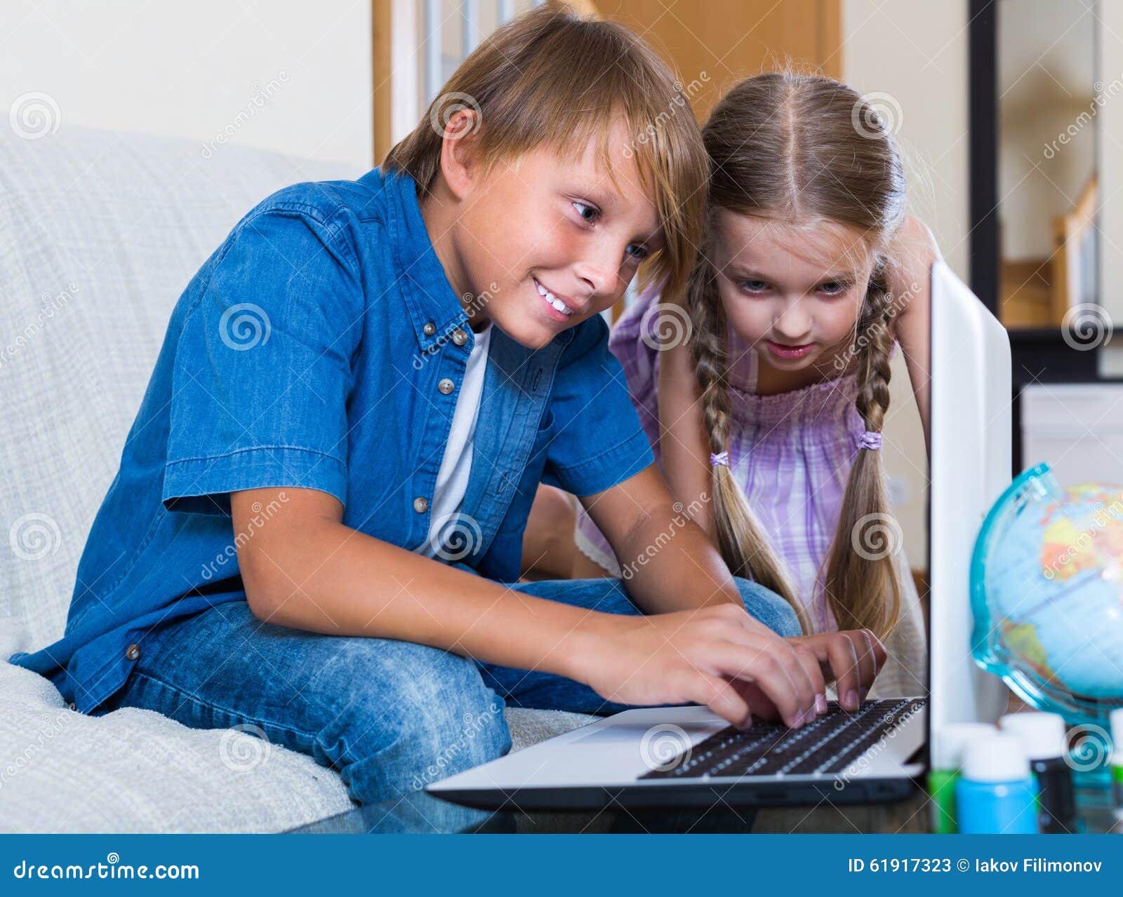 Children Playing Online on Laptop Stock Image - Image of headset ...