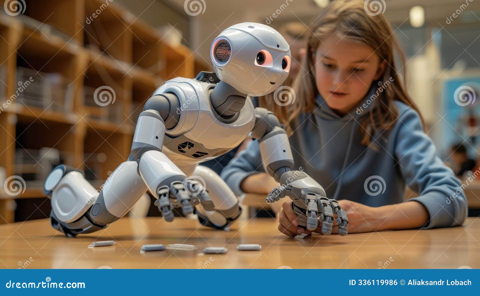 Children are Playing with a Real Robot. a Child Playing with a Robot at ...