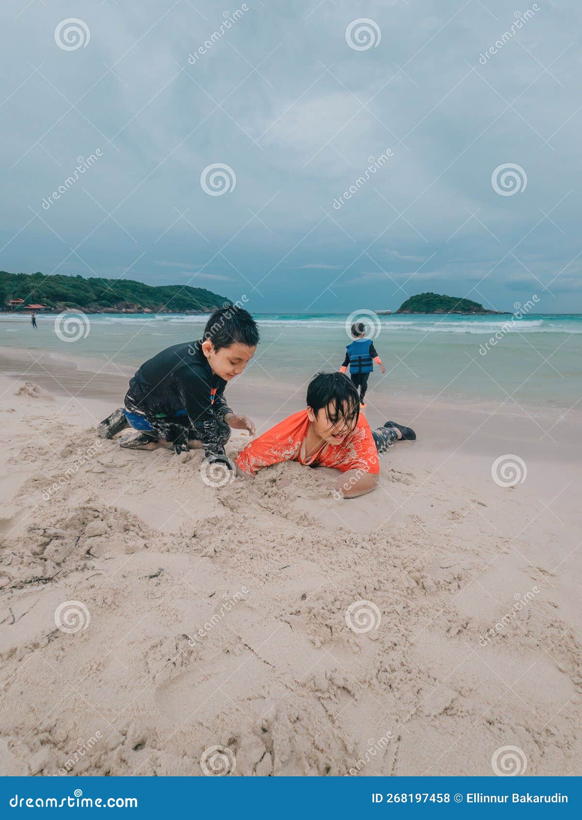 Children Playing Sand at the Beach Together Stock Photo - Image of ...