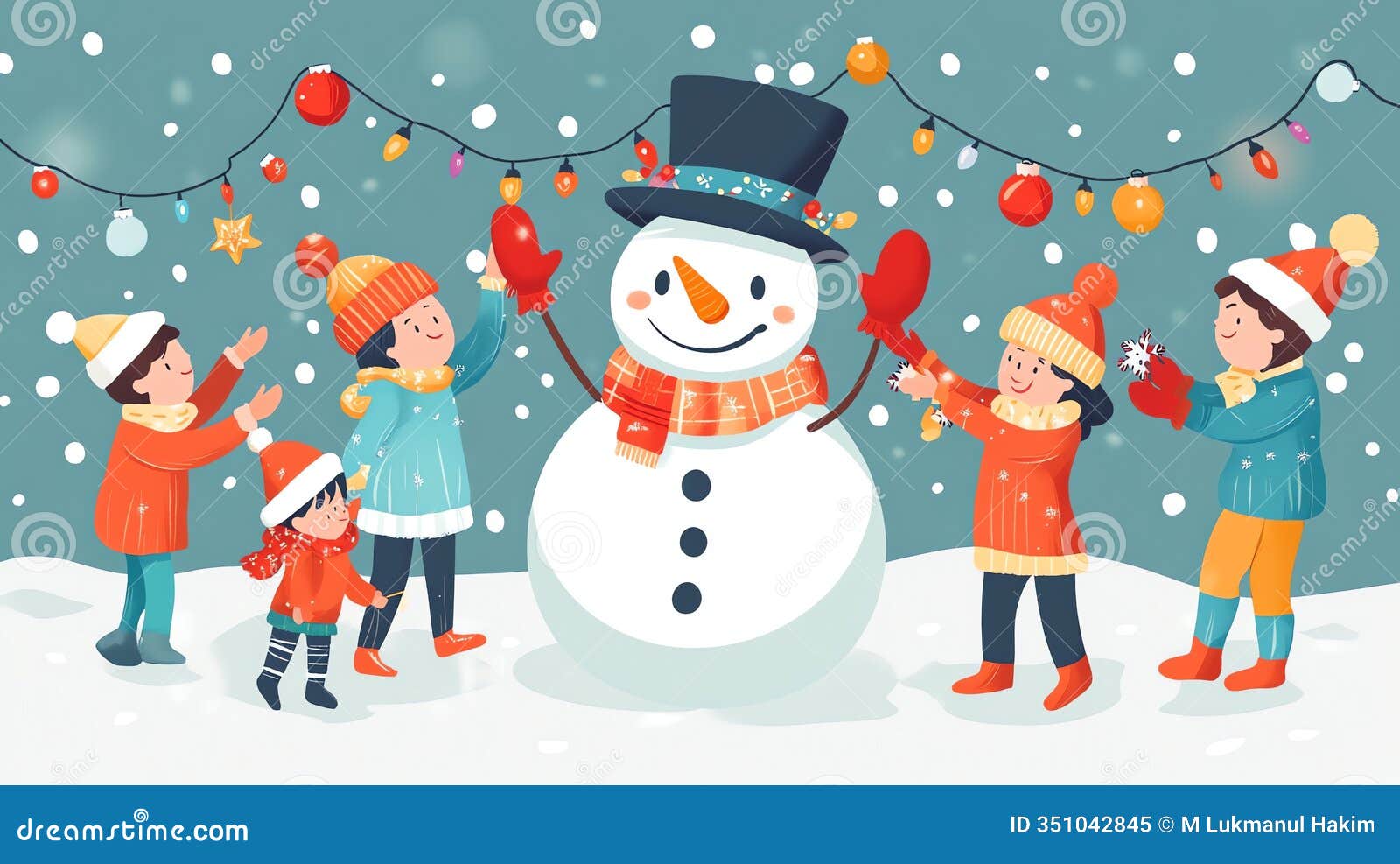 Children Playing in the Snow with Snowman and Christmas Lights with ...