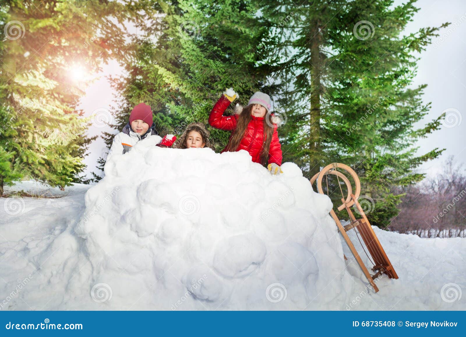 Children Playing Snowballs in Winter Forest Stock Photo - Image of ...