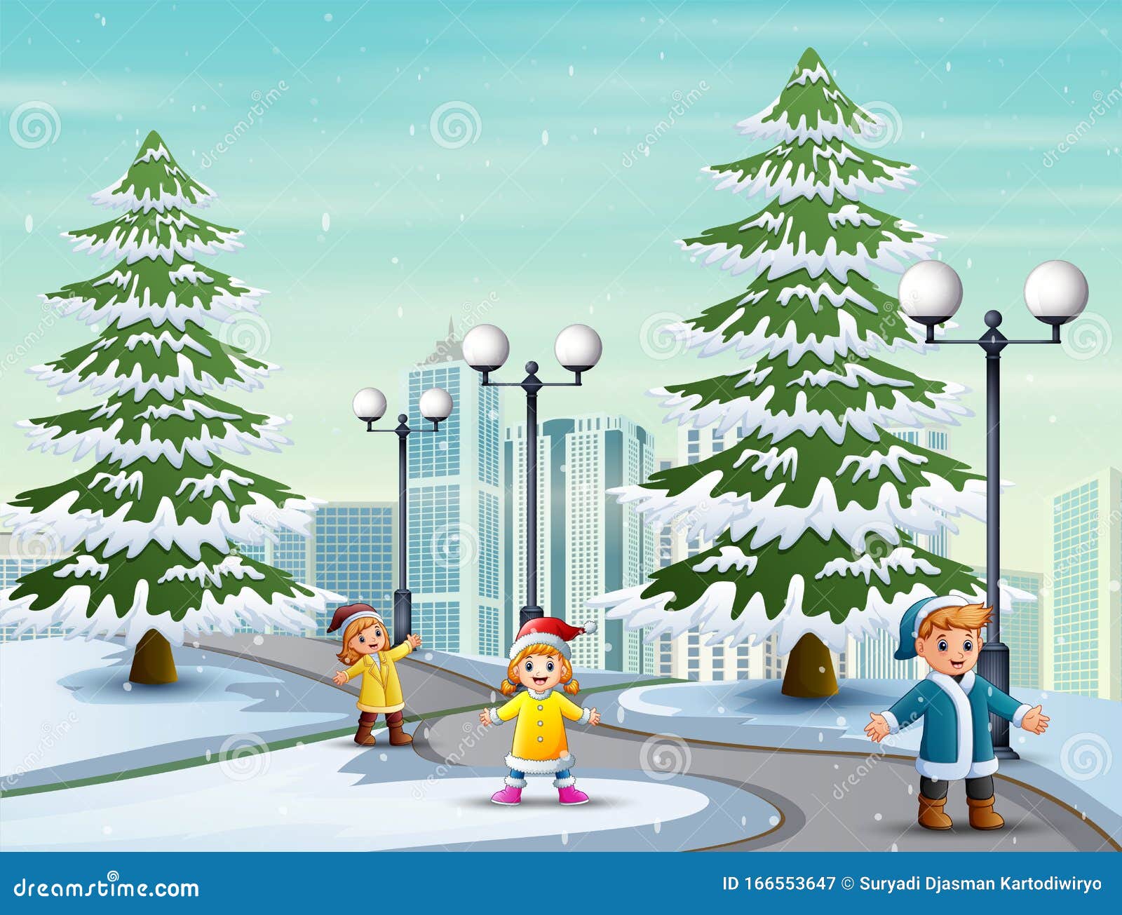 The Children Playing on the Snowy Road Stock Vector - Illustration of ...